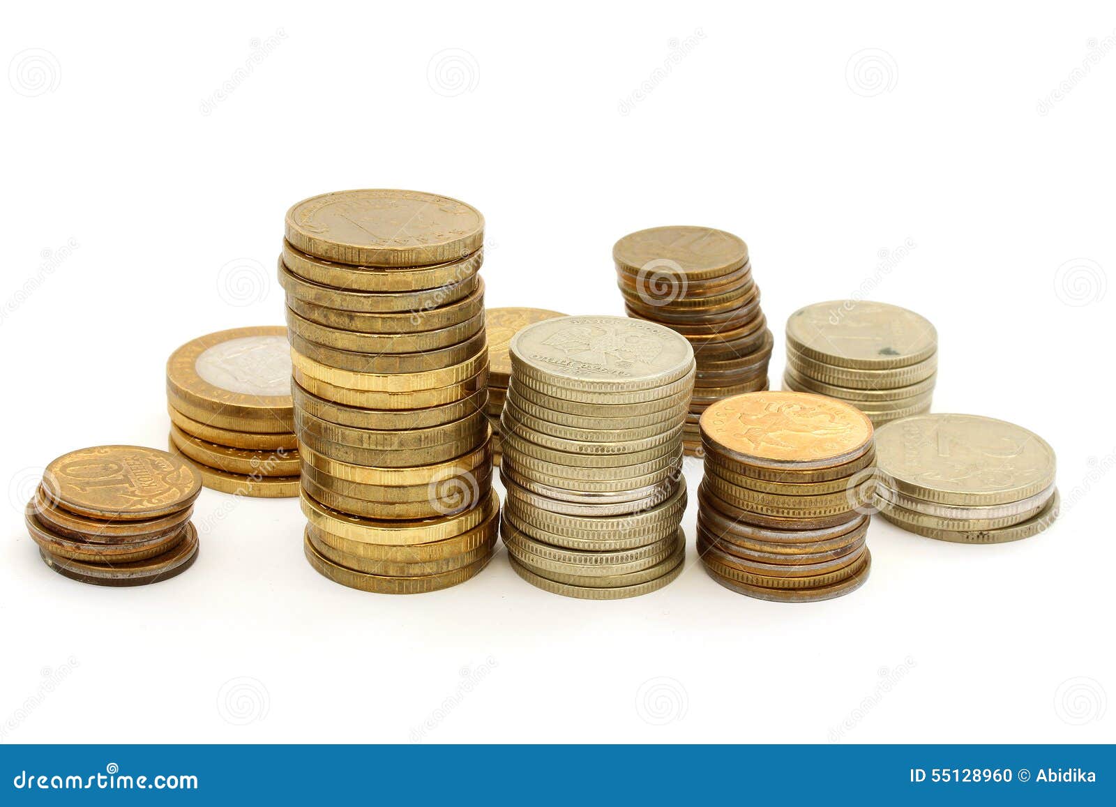 Several Towers of Different Coins Stock Photo - Image of economics ...