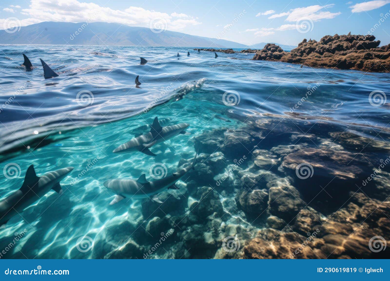Several Triangular Shark Fins Can Be Seen Above the Water Surface and ...