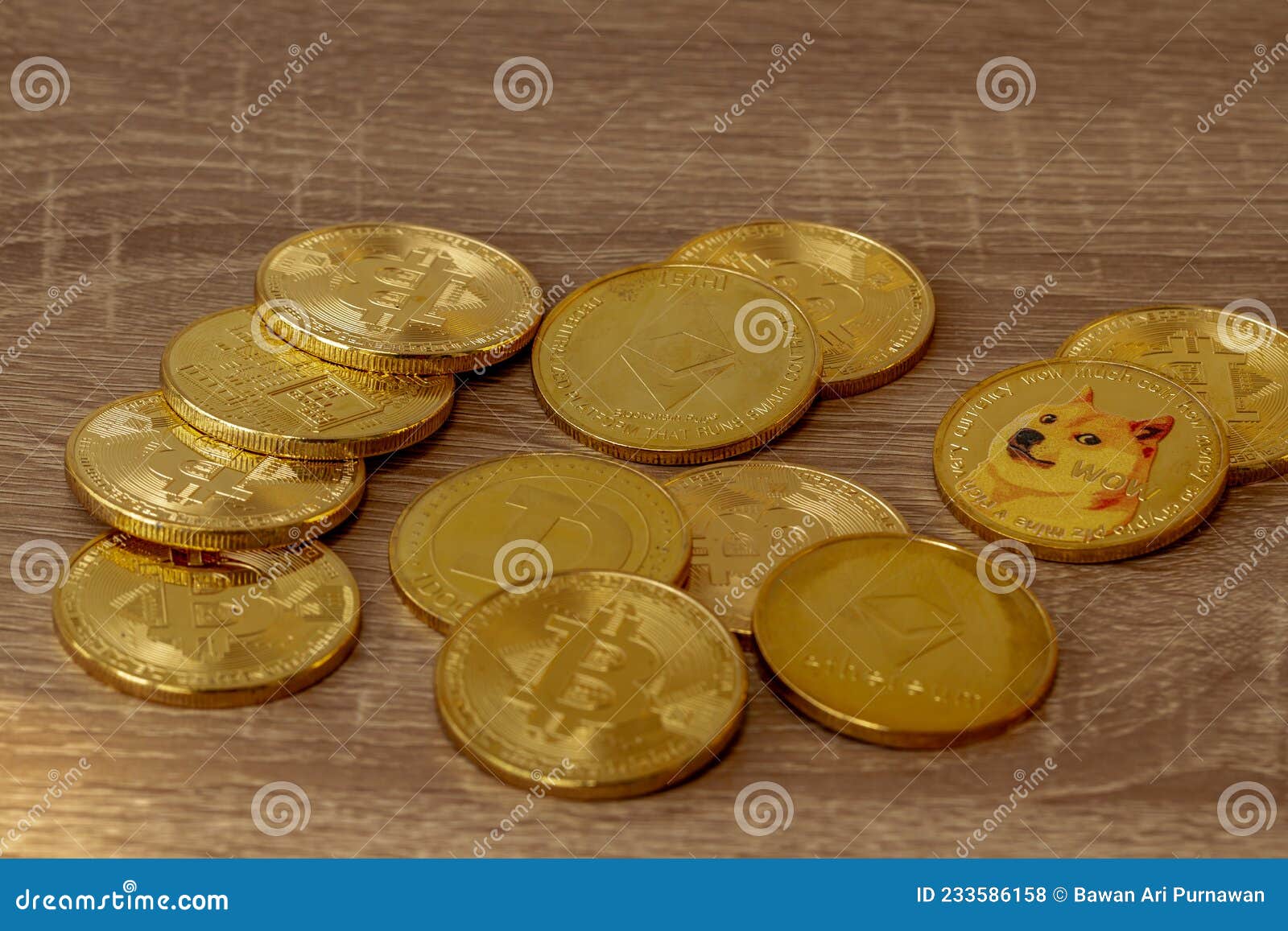 Several Types of Cryptocurrencies on Wooden Tables, the Value of Which ...