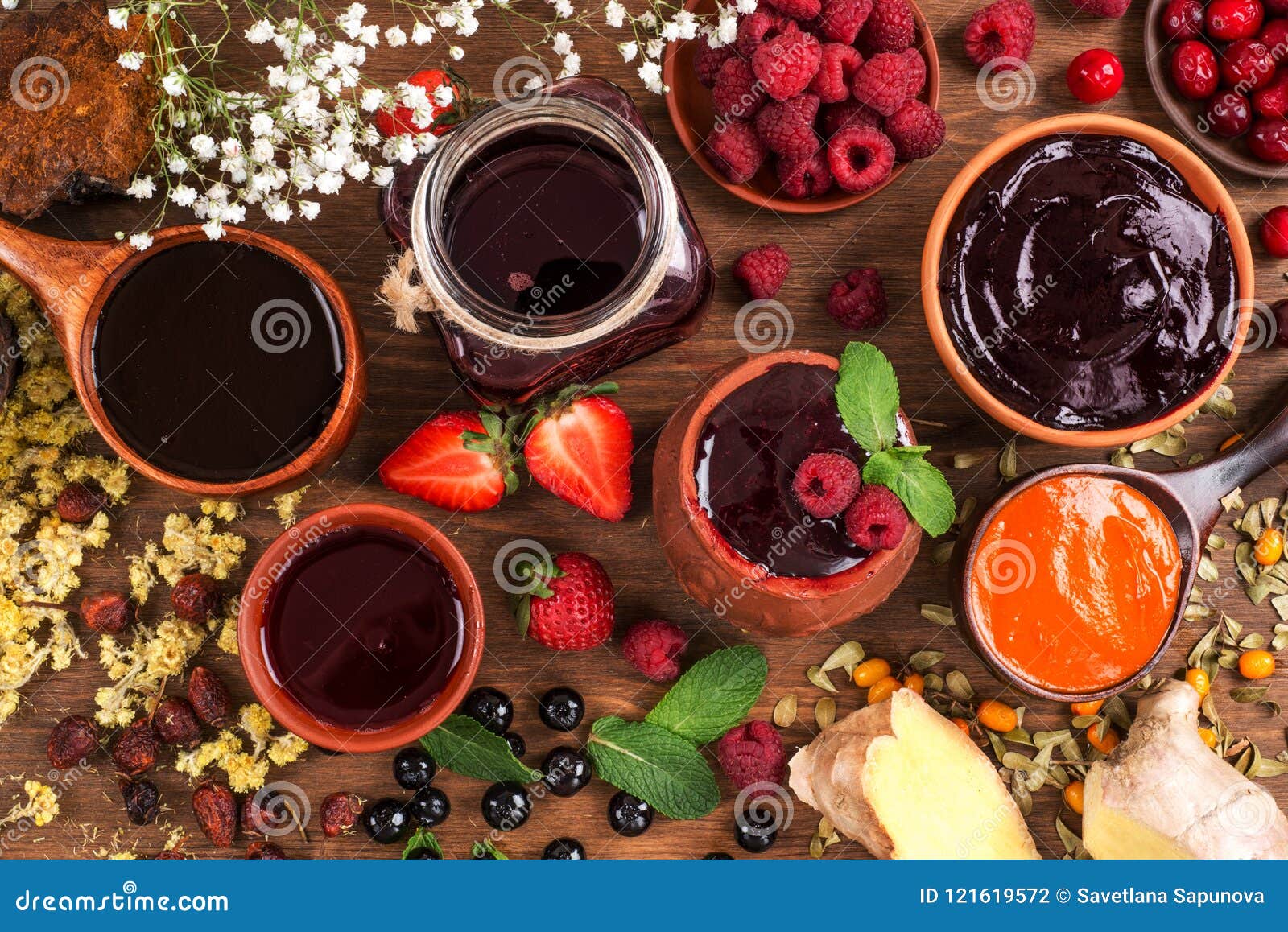 Several Types of Jam on a Wooden Table Stock Photo - Image of berries ...