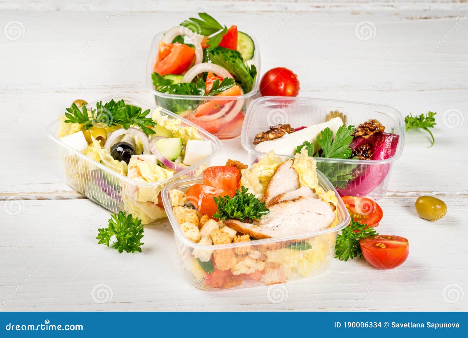 Several Types of Salads in Plastic Containers Stock Photo - Image of ...