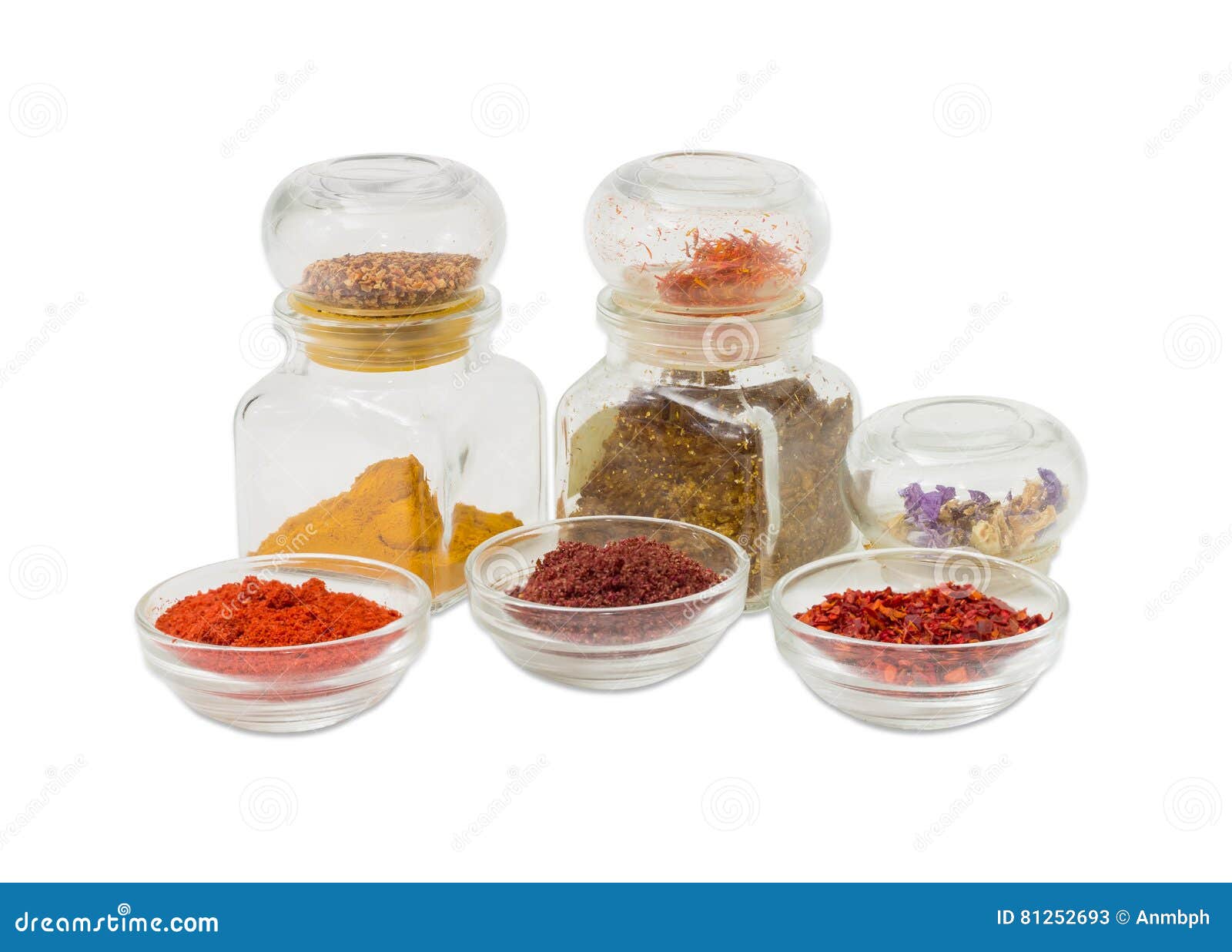 Several Various Spices in Small Glass Bowls and Small Jars Stock Image ...