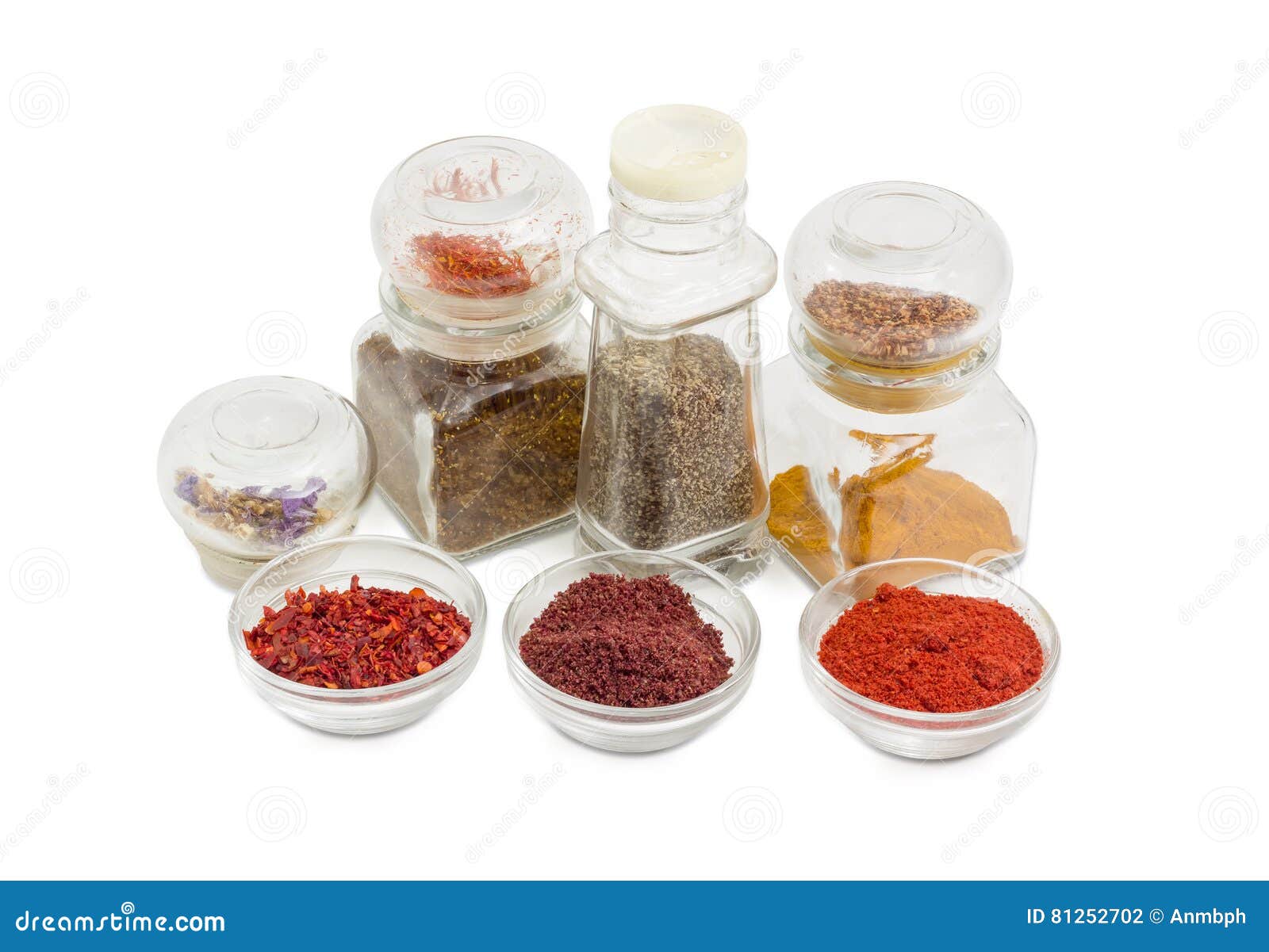 Several Various Spices in Small Glass Bowls and Small Jars Stock Photo ...