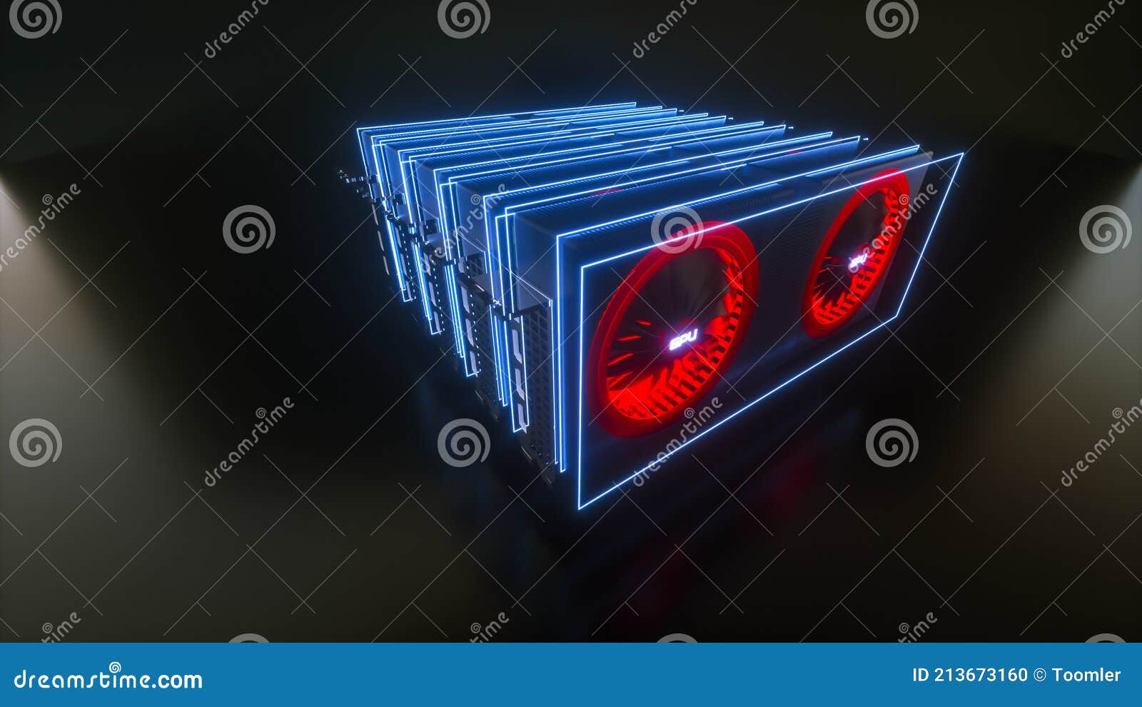 Several Video Cards Highlighted with Blue Neon Light on a Black ...