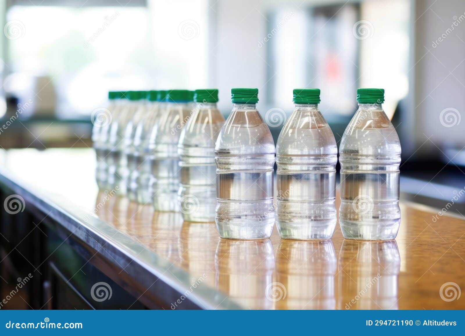 Several Water Bottles Aligned on a Cafeteria Counter Stock Photo ...