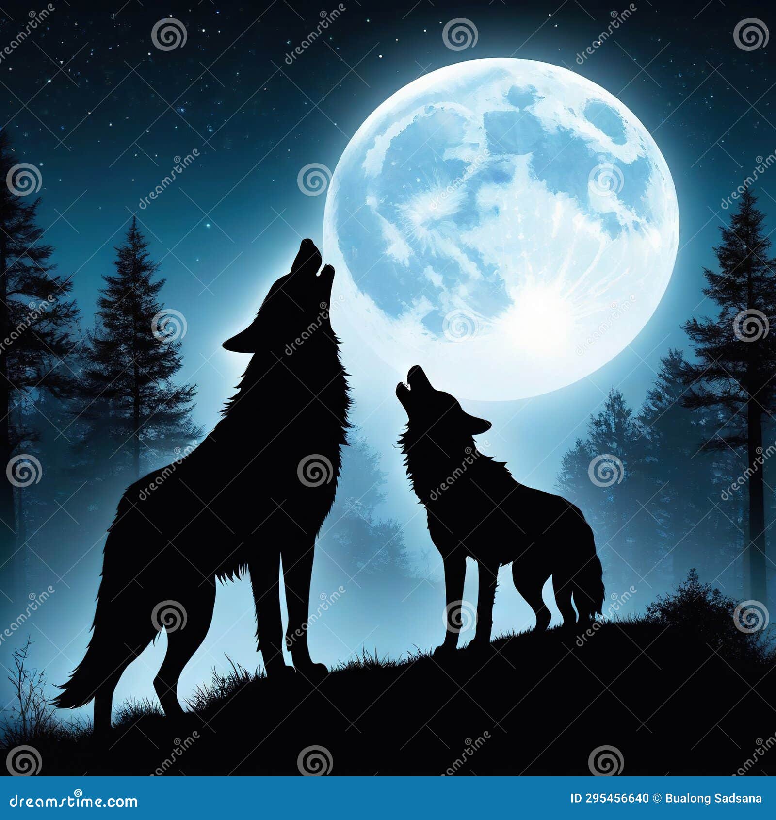 Two Wolves Howling At The Moon Series Of Animals With Vintage ...