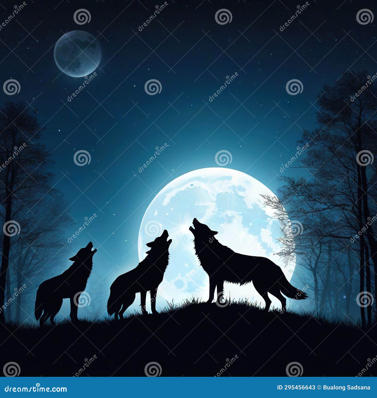 Two Wolves Howling At The Moon Series Of Animals With Vintage ...