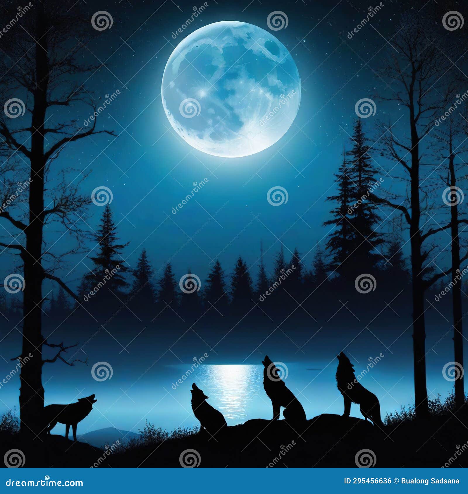 Two Wolves Howling At The Moon Series Of Animals With Vintage ...