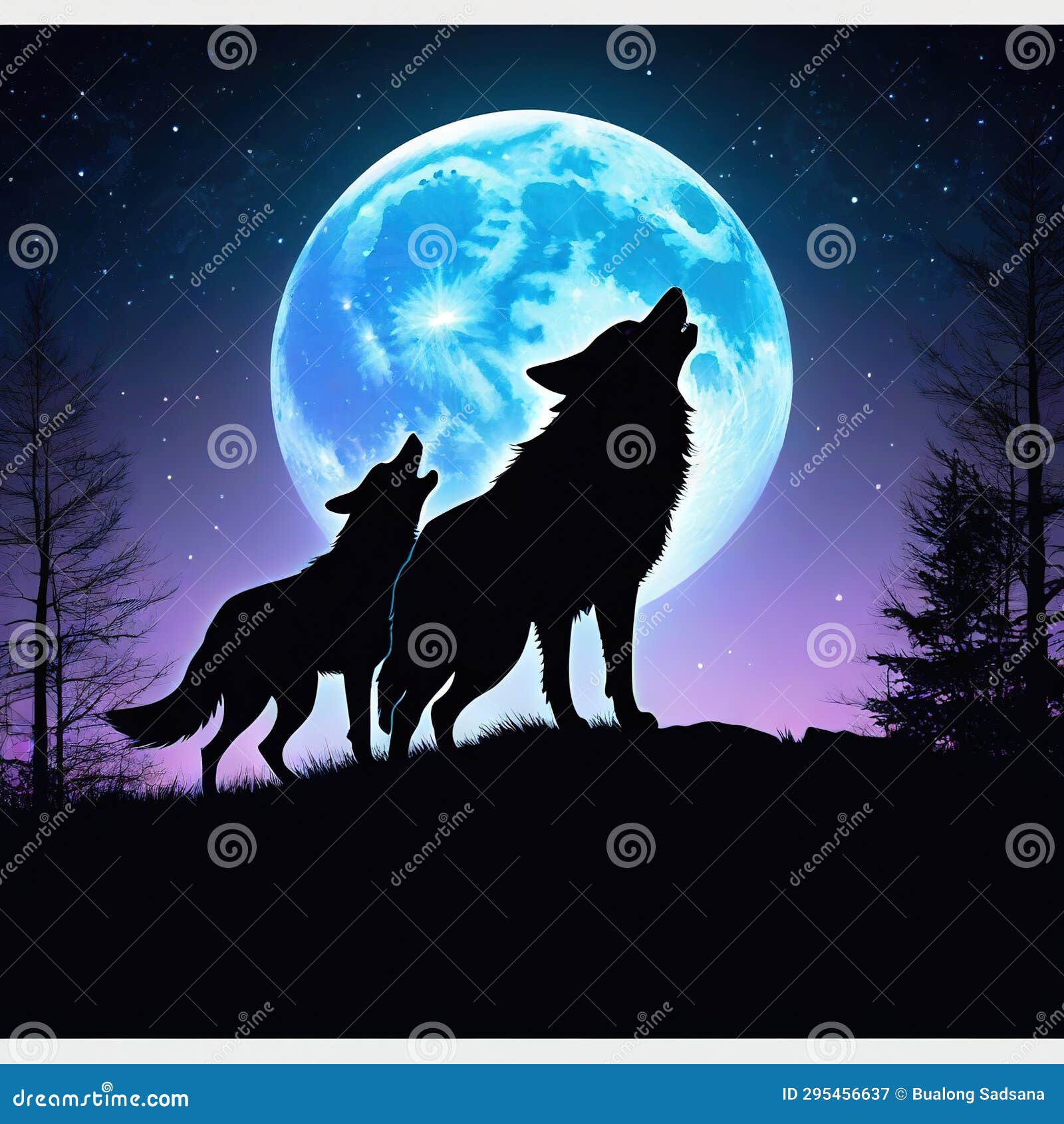 Two Wolves Howling At The Moon Series Of Animals With Vintage ...