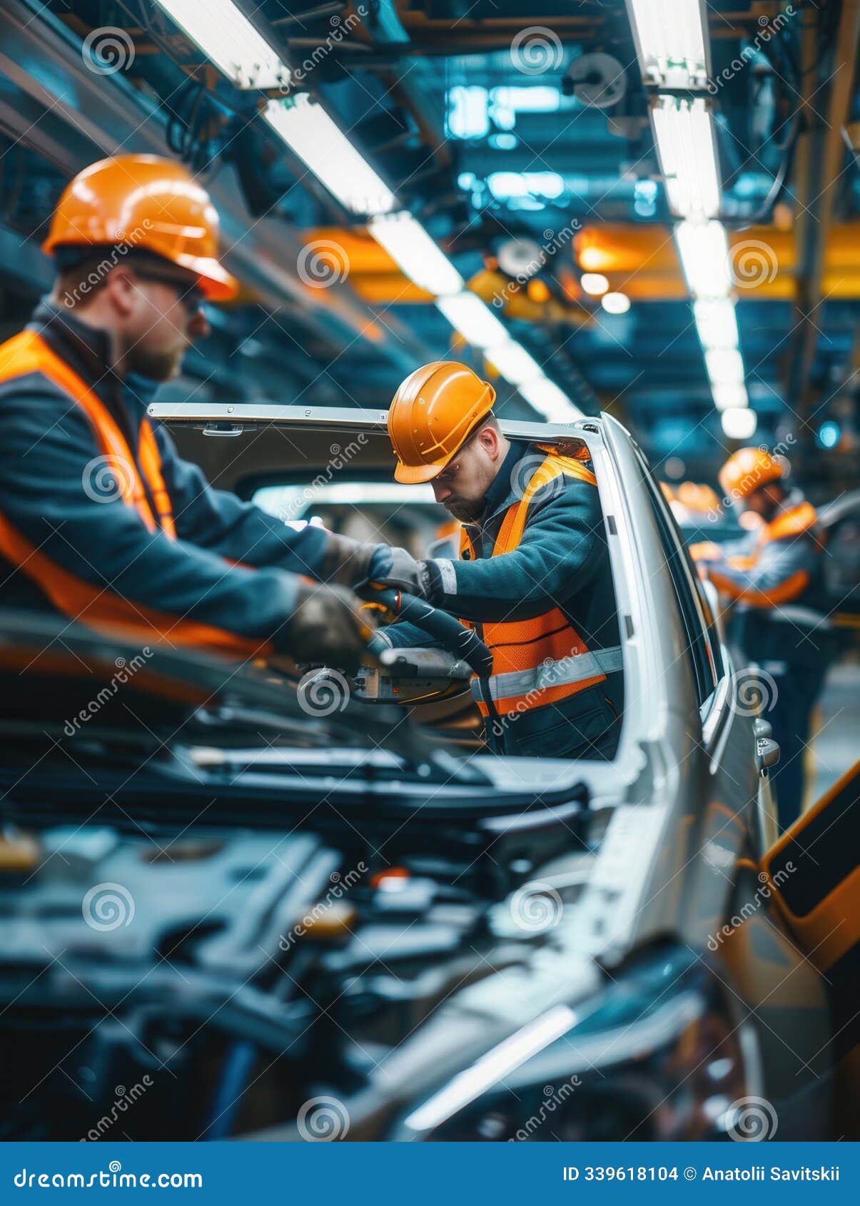 Several Workers are Engaged in the Installation and Inspection of Car ...