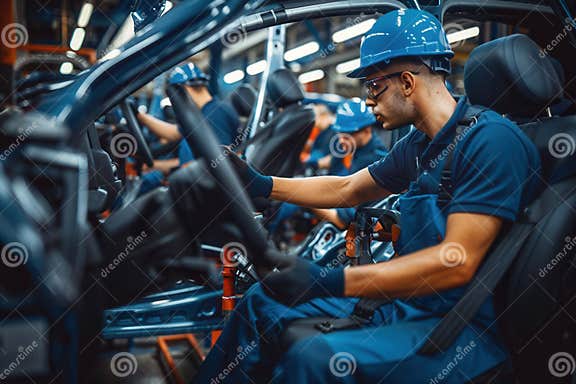 Several Workers are Focused on Assembling and Checking Car Interiors on ...