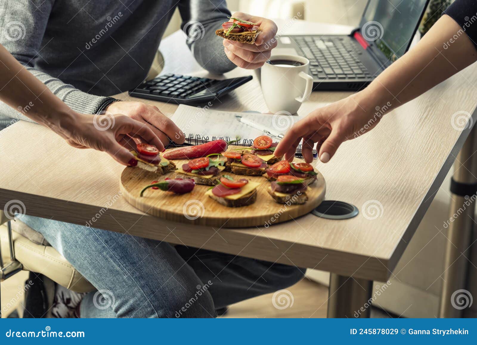Several Workers or Students Have a Snack at the Workplace. Hands with ...