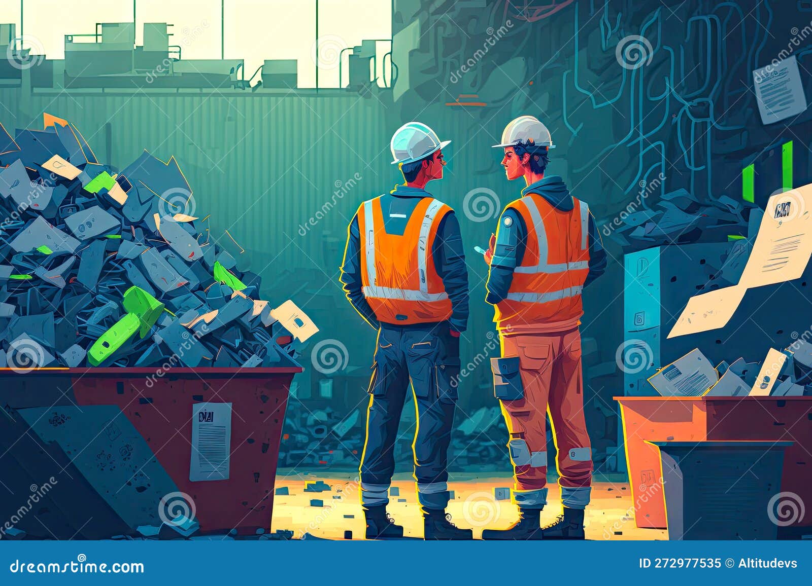 Several Workers in Uniforms and Helmets Stand in Workshop for Recycling ...