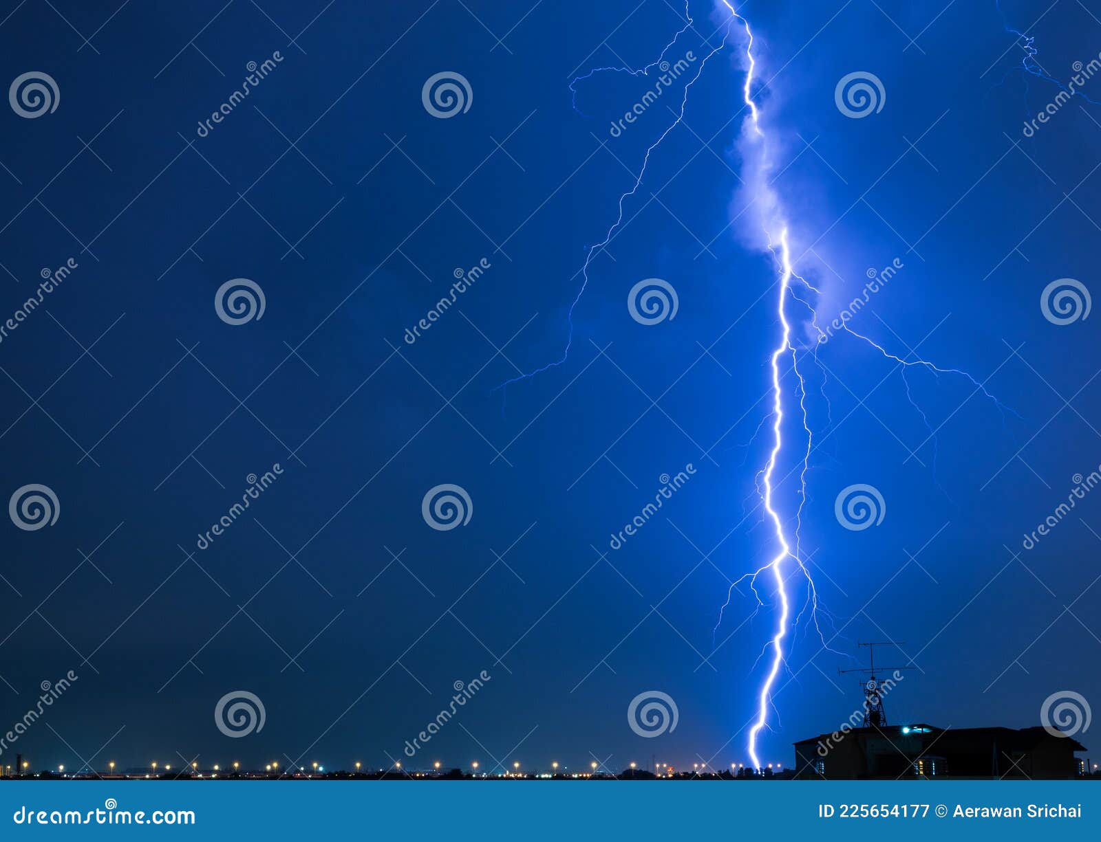 The Severe Lightning Fall in the Urban. Stock Image - Image of dark ...