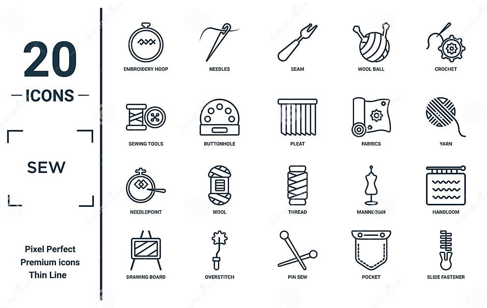 Sew Linear Icon Set. Includes Thin Line Embroidery Hoop, Sewing Tools ... Sew Linear Icon Set. Includes Thin Line Embroidery Hoop, Sewing Tools ...
