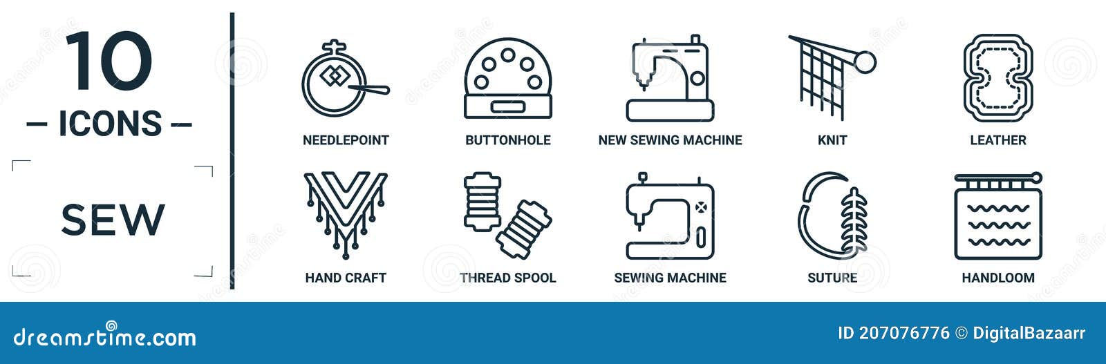 Sew Linear Icon Set. Includes Thin Line Needlepoint, New Sewing Machine ...