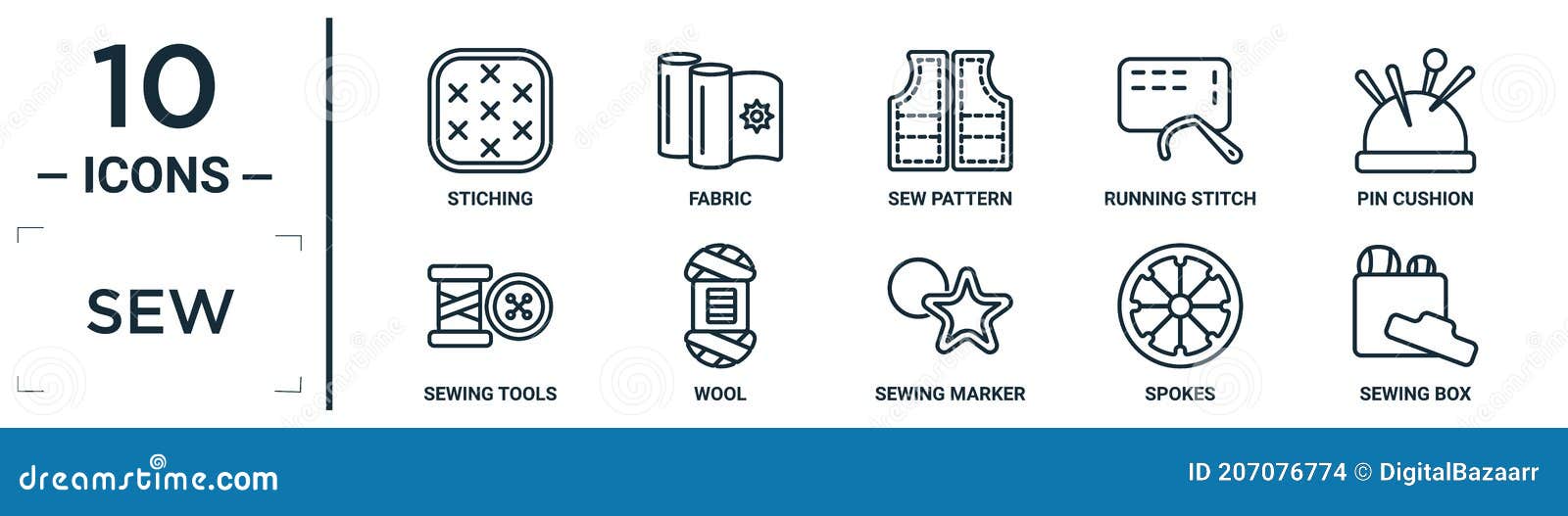 Sew Linear Icon Set. Includes Thin Line Stiching, Sew Pattern, Pin ...