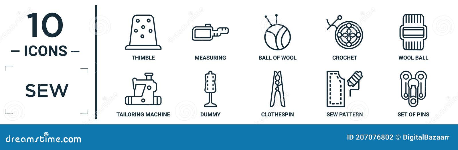 Sew Linear Icon Set. Includes Thin Line Thimble, Ball of Wool, Wool ... Sew Linear Icon Set. Includes Thin Line Thimble, Ball of Wool, Wool ...