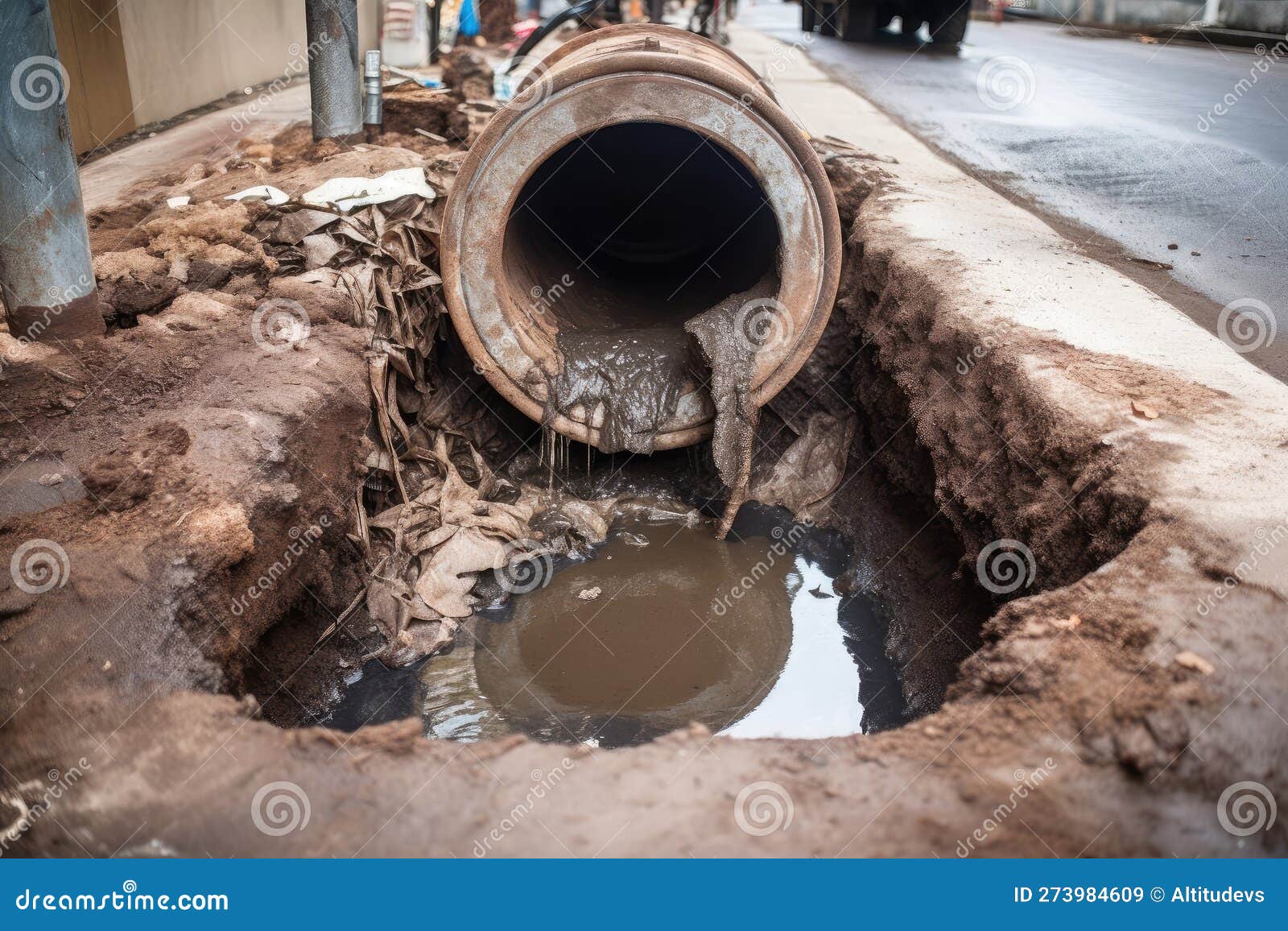 Sewer Breakthrough with the Water Draining Out, Revealing Broken Pipes ...