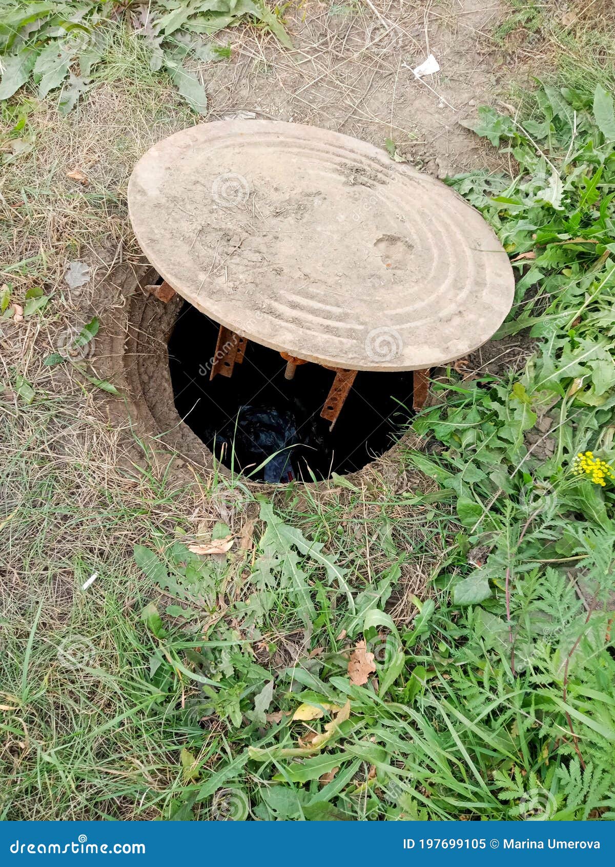 Sewer hatch open lock stock image. Image of hatch, leaf - 197699105
