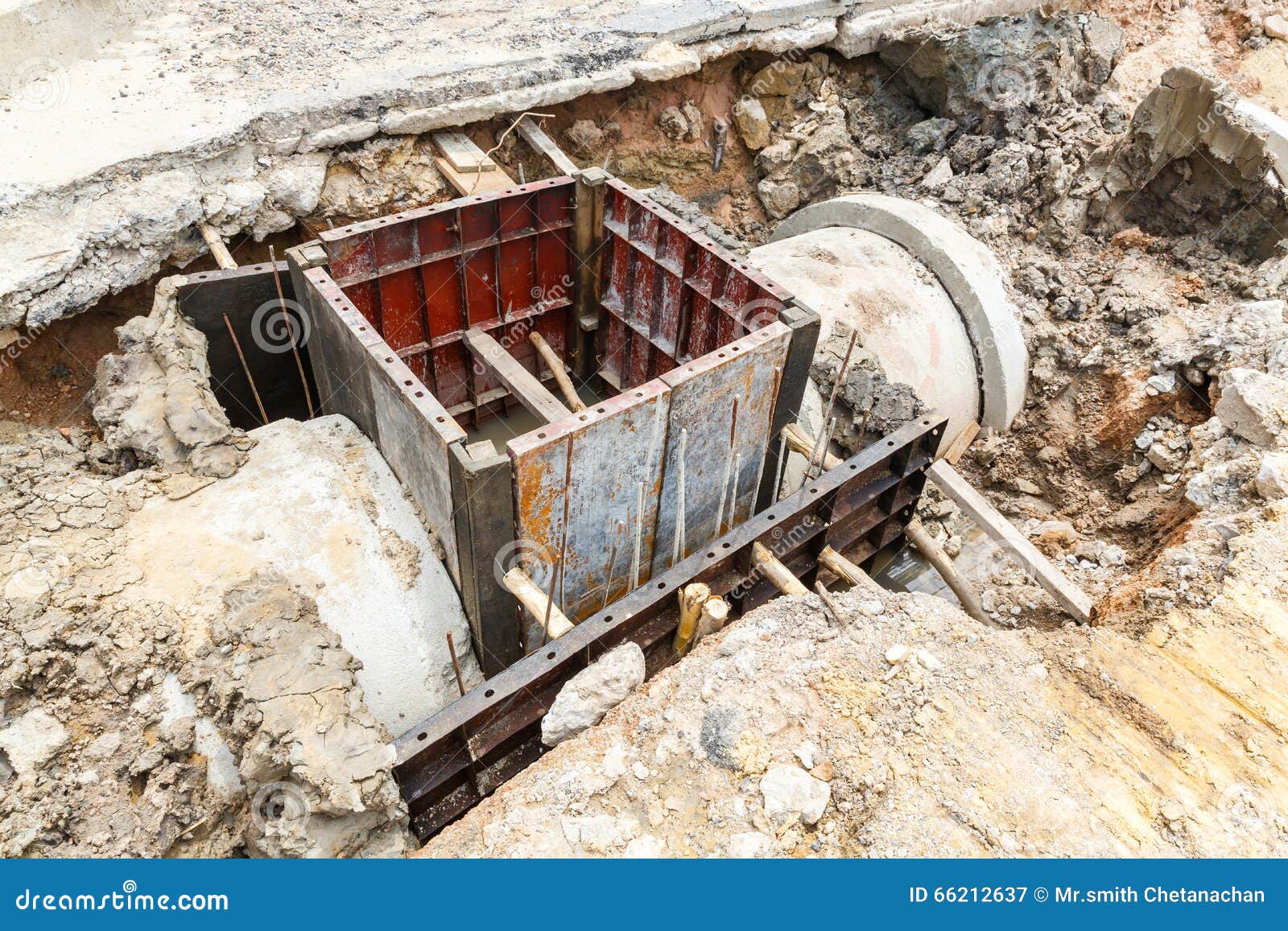Sewer installation in city stock image. Image of concrete - 66212637