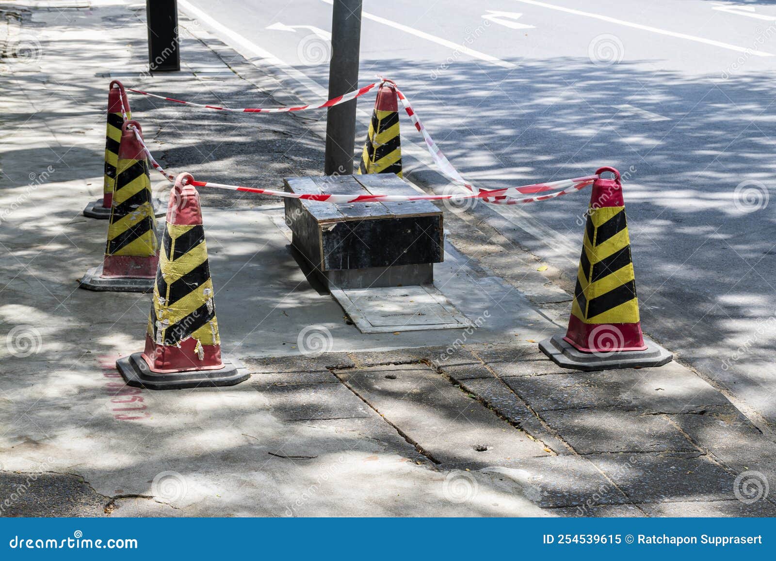 Sewer Repair Work with Signal Cones on Footpath Stock Image - Image of ...