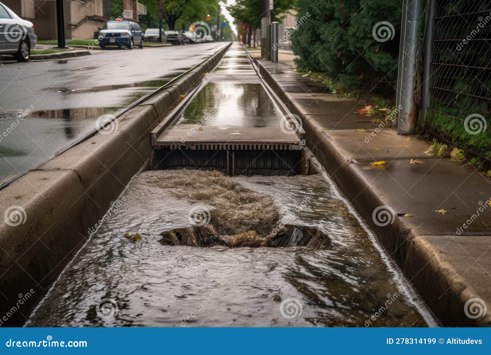 Sewer Water Overflowing Onto the Sidewalk and into Storm Drain Stock ...