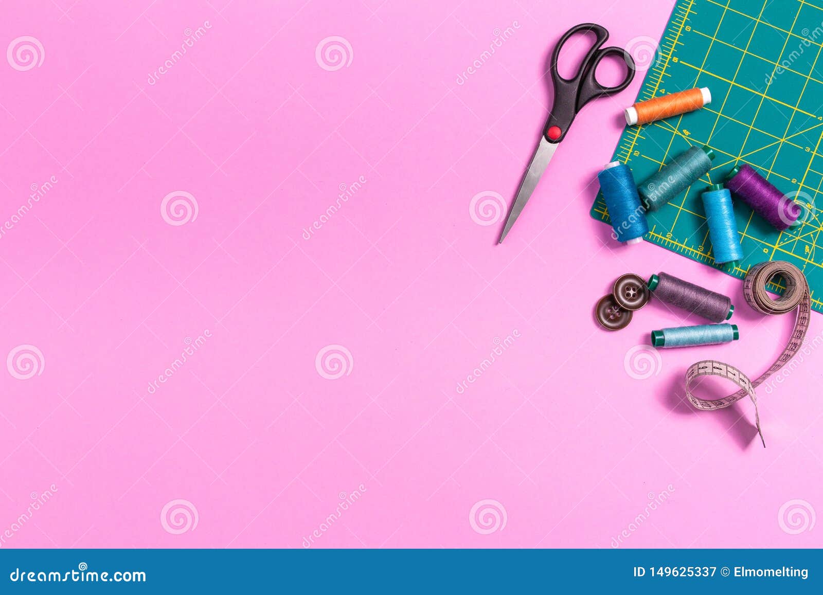 Sewing Accessories on a Plastic Pink Background. Top View, Flatlay ...