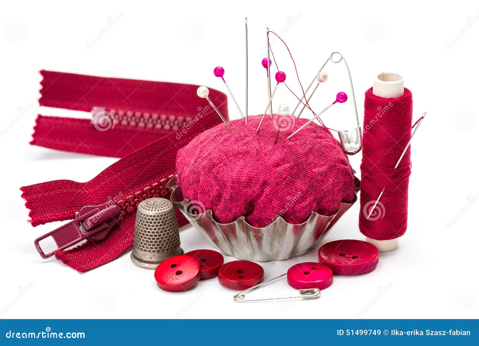 Sewing Accessories: Thread, Needle, Thimble and Pincushion Stock Image ...