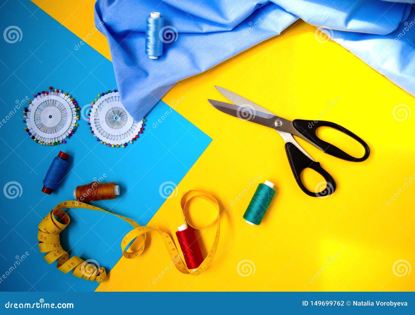 Sewing Accessories. Thread, Scissors, Measuring Tape, Cloth Stock Photo ...