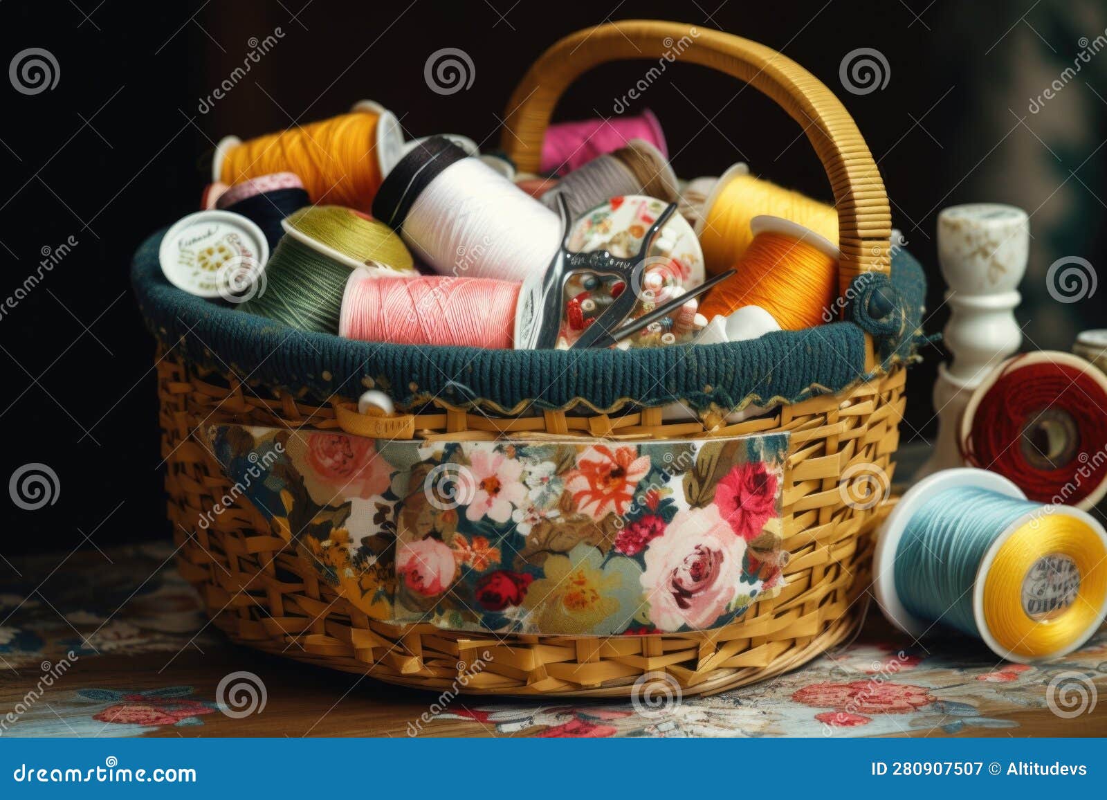 Sewing Basket Filled with Different Types of Threads and Fabrics Stock ...