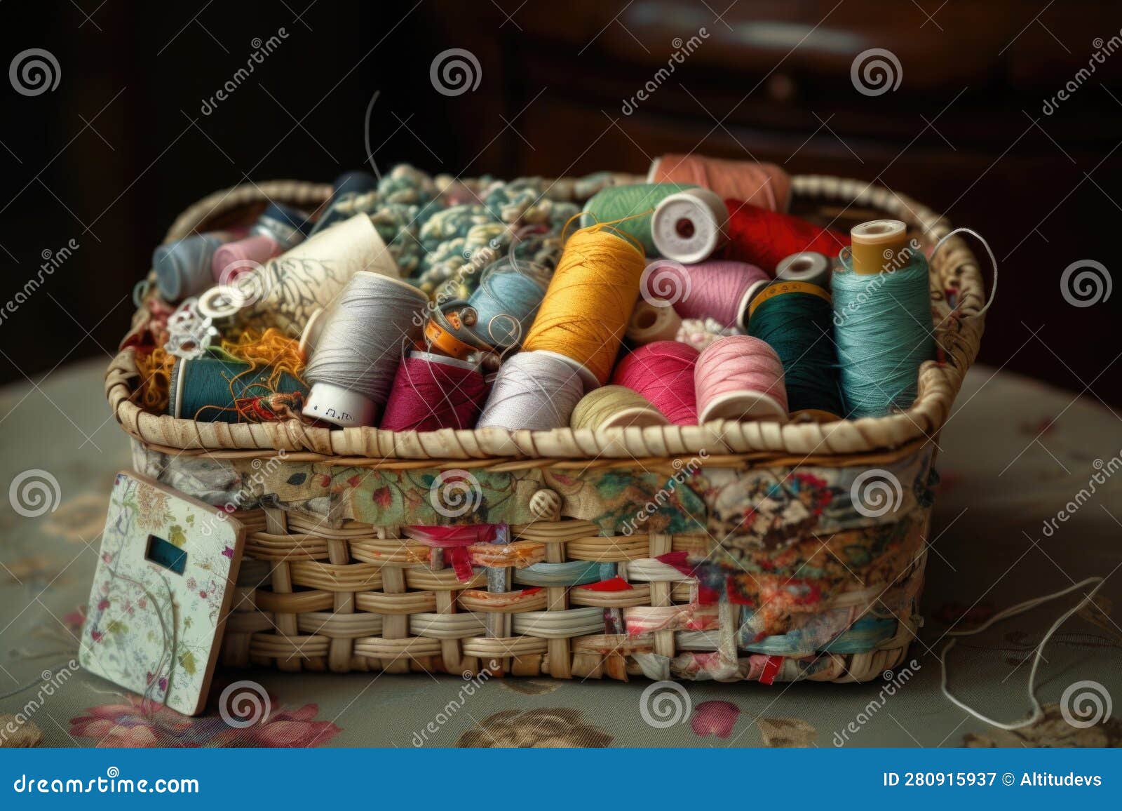 Sewing Basket Filled with Different Types of Threads and Fabrics Stock ...