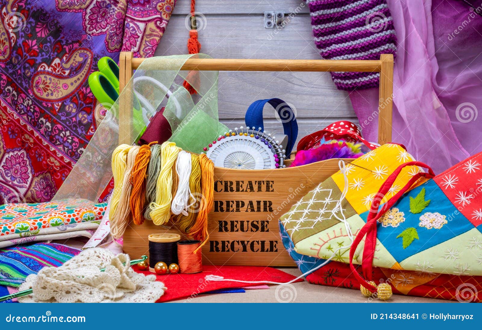 Sewing Box with Create, Repair, Reuse and Recycle Text Surrounded by ...