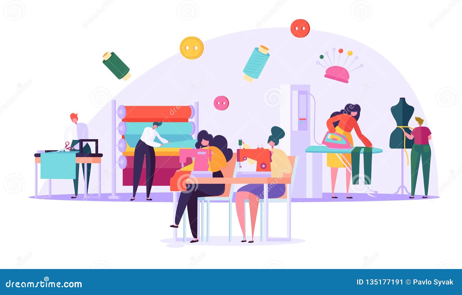 Sewing Clothes Textile Factory Flat Vector Drawing Seamstress