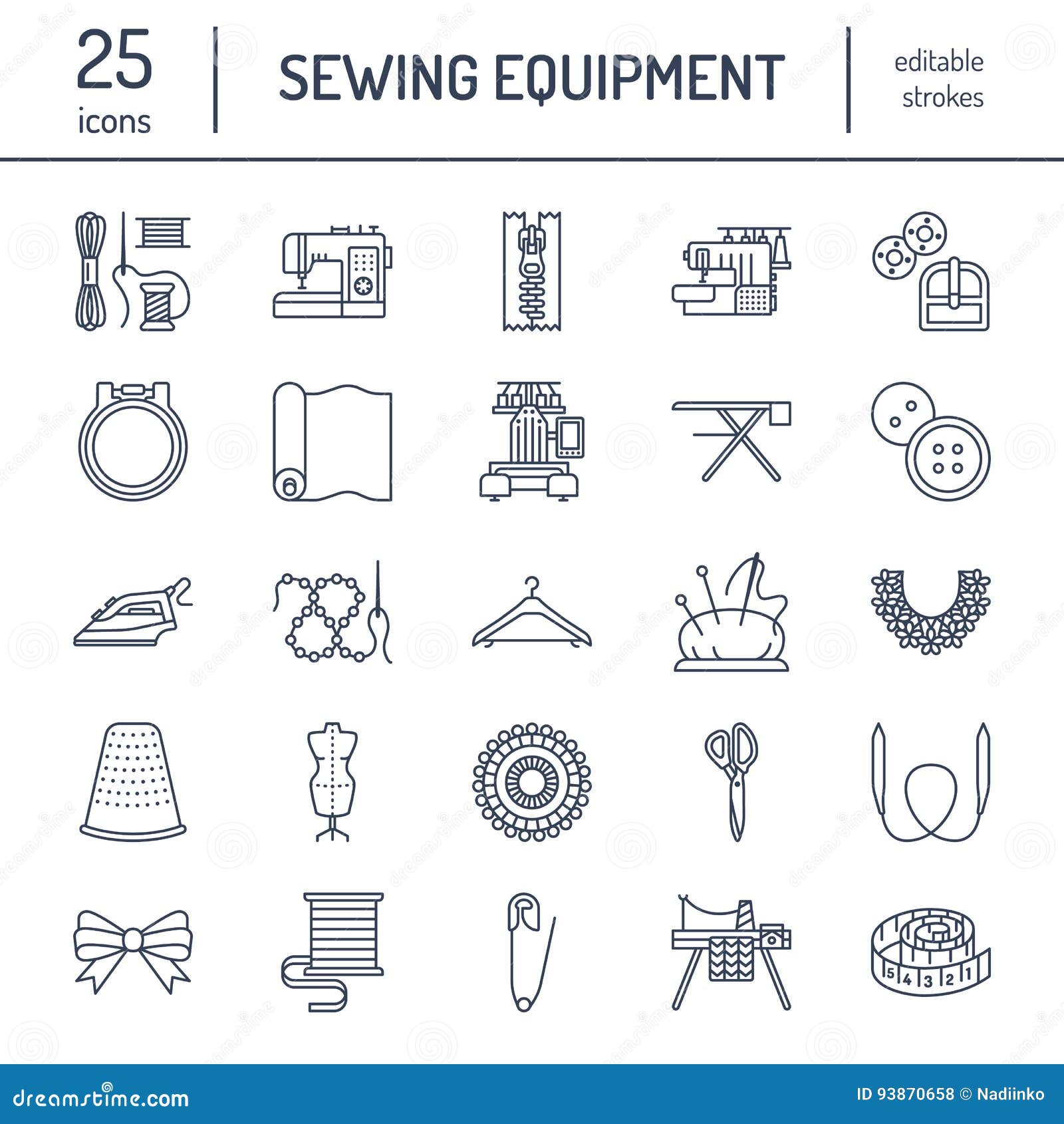 Sewing Equipment Tailor Supplies Flat Line Icons Set Needlework
