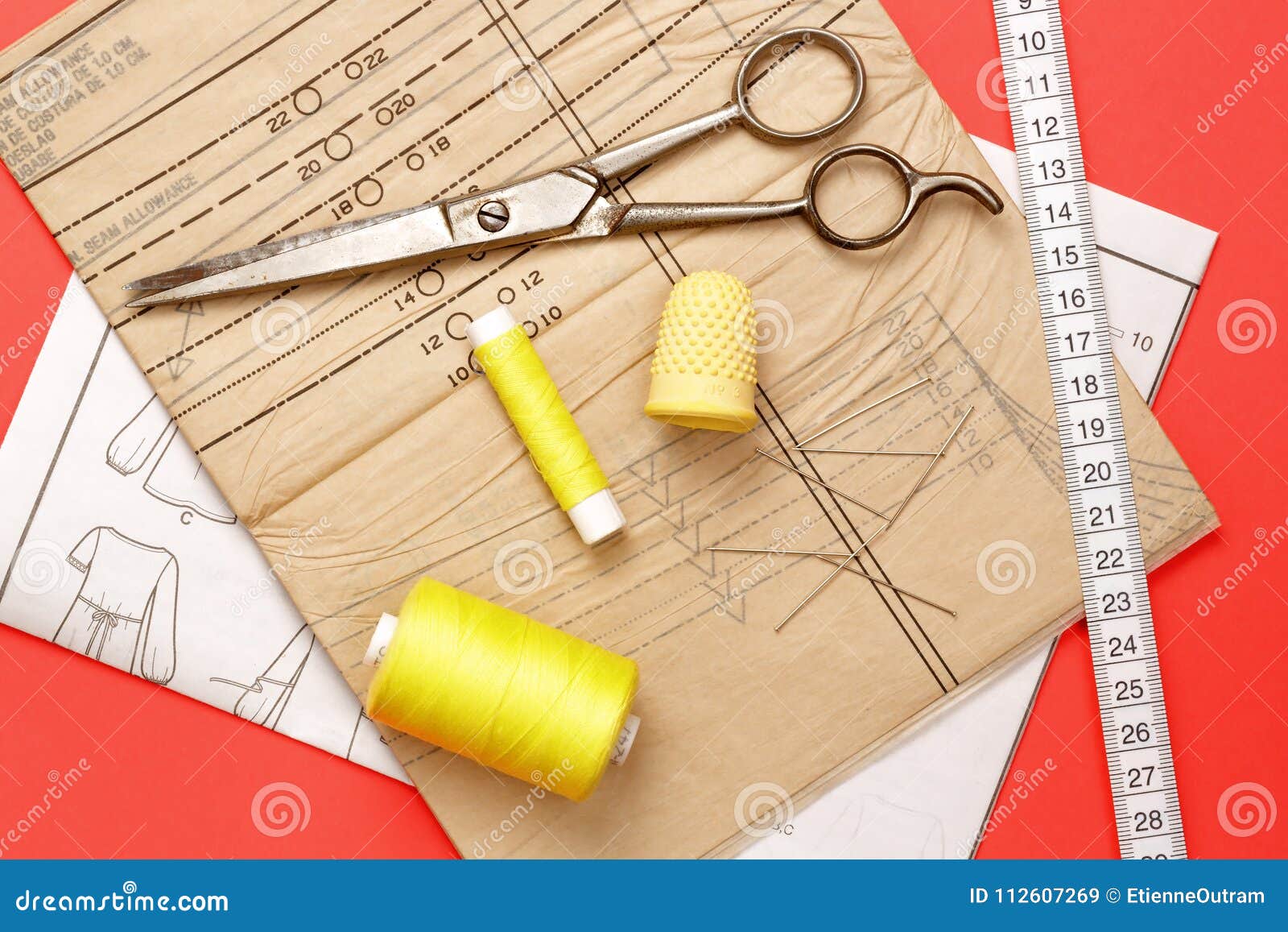 Sewing Equipment Top View on Red Stock Image - Image of pattern, coil ...