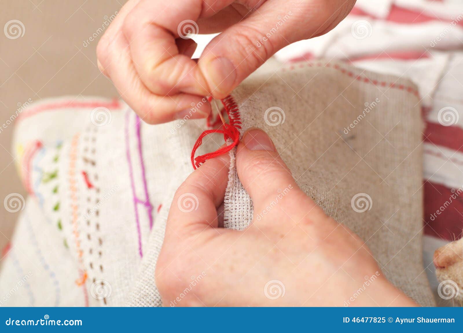 Sewing with Floss Needle and Thread Stock Image - Image of fabric ...