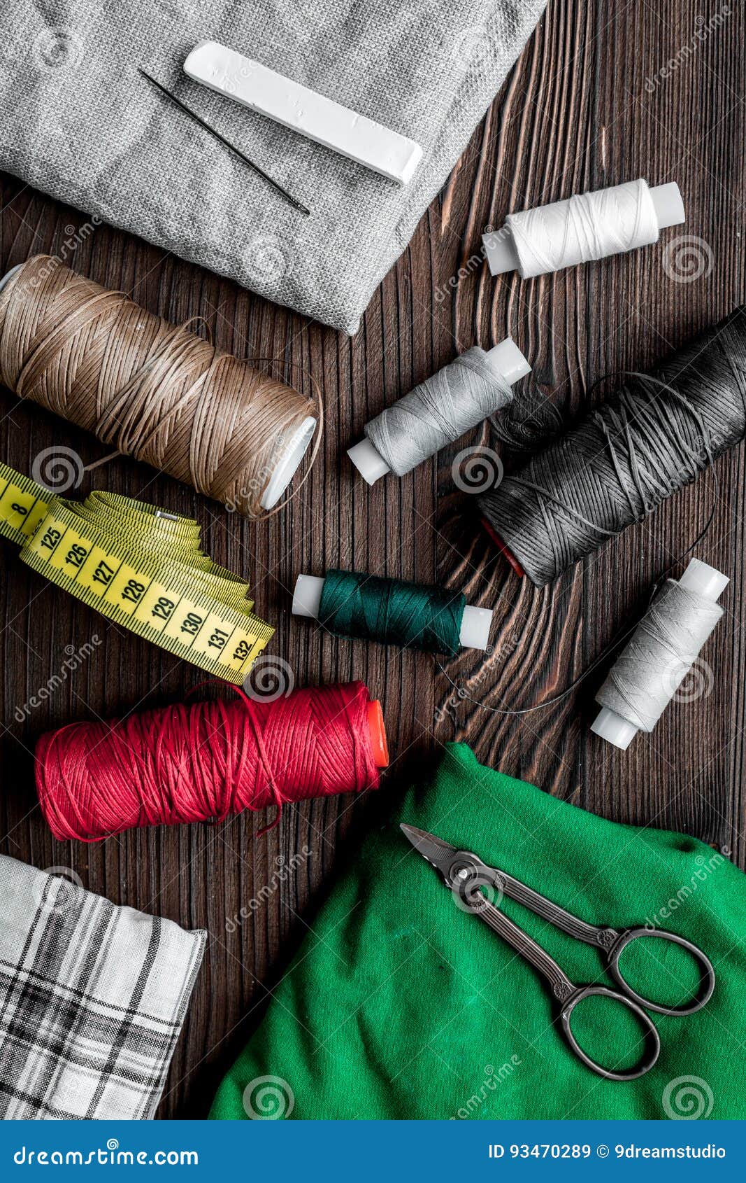 Sewing Hobby with Tools, Thread, Scissors Wooden Background Top View ...