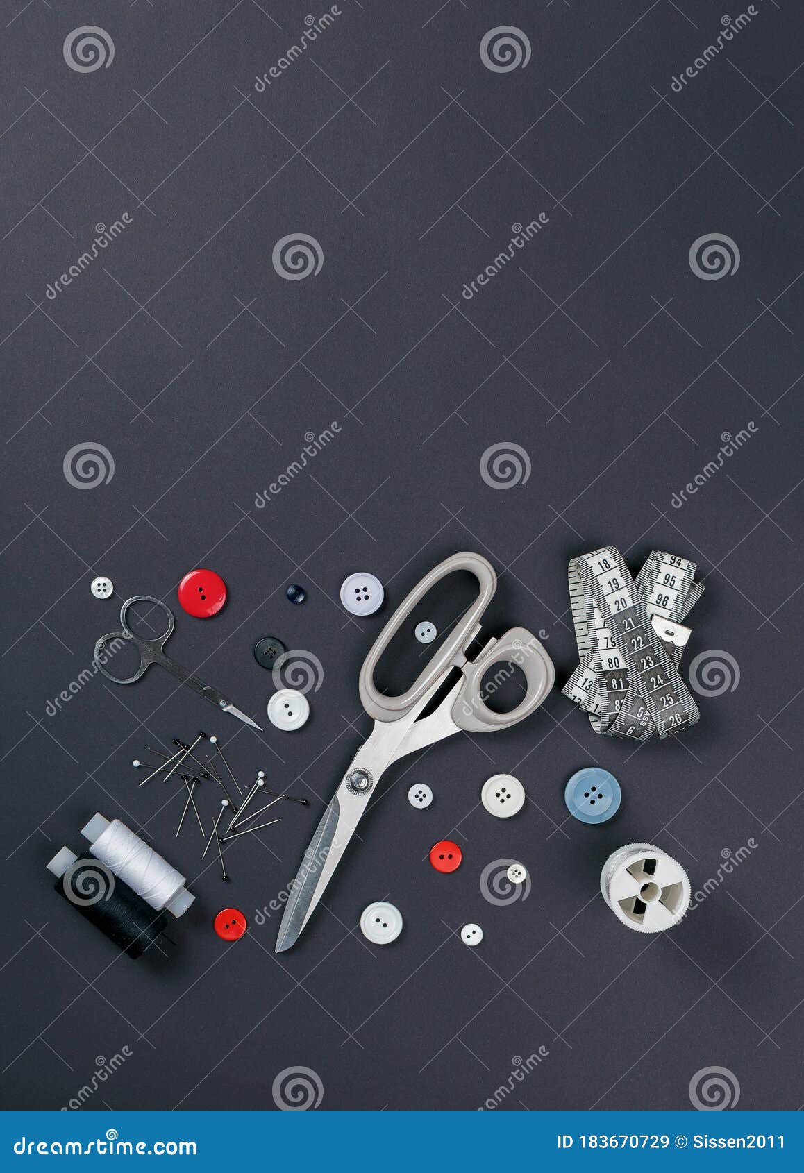 Sewing Items on a Black Background from Above Stock Image - Image of ...