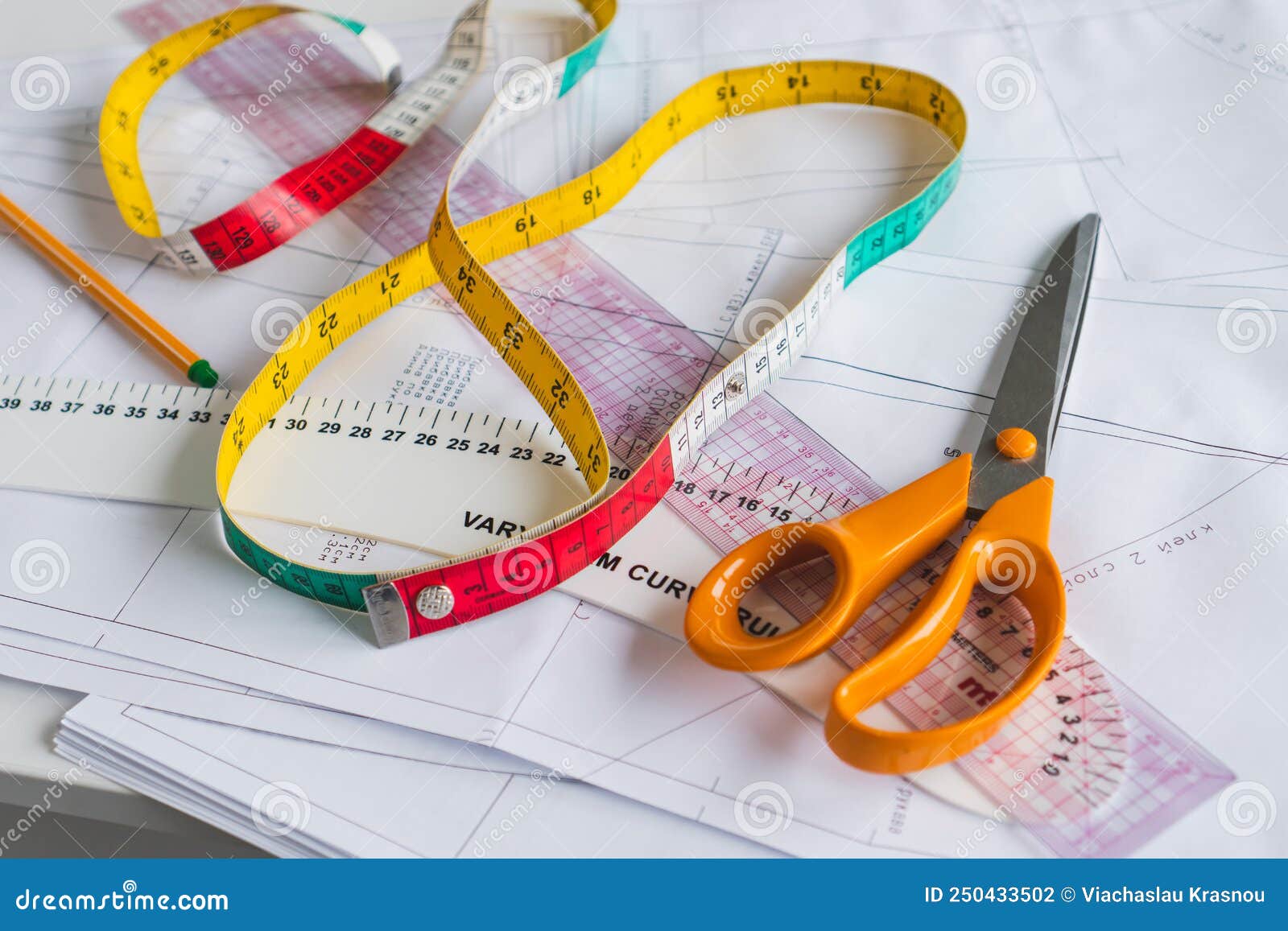 Sewing Items and Seamstress Tools. Tailoring Scissors, Measuring Tape ...