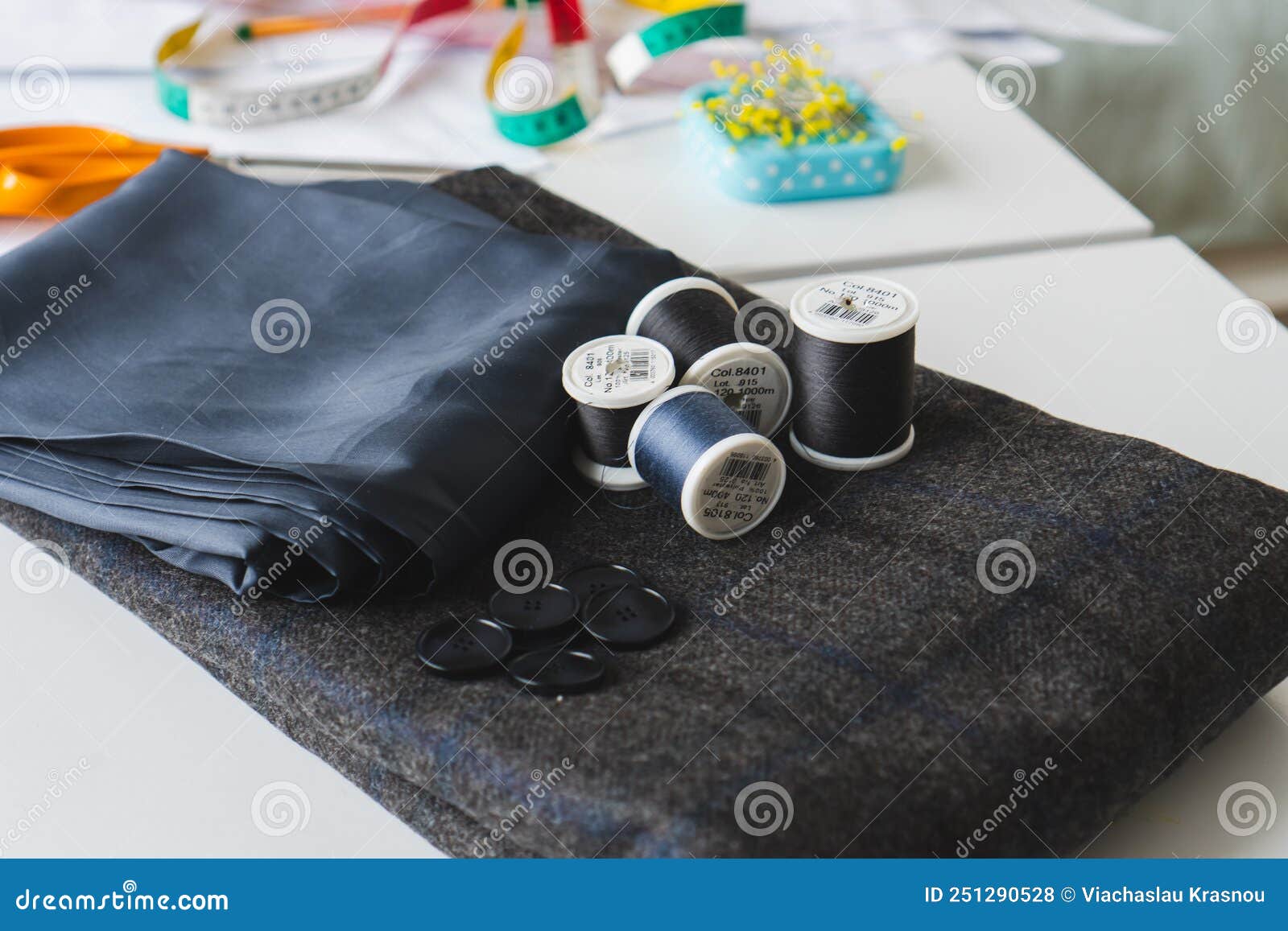 Sewing Items and Seamstress Tools. Tailoring Scissors, Measuring Tape ...