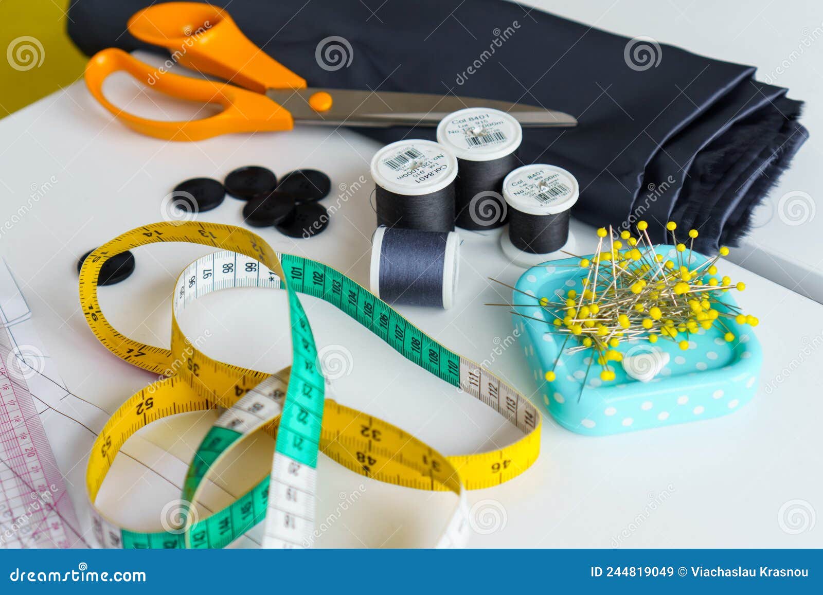 Sewing Items and Seamstress Tools. Scissors, Measuring Tape, Threads ...