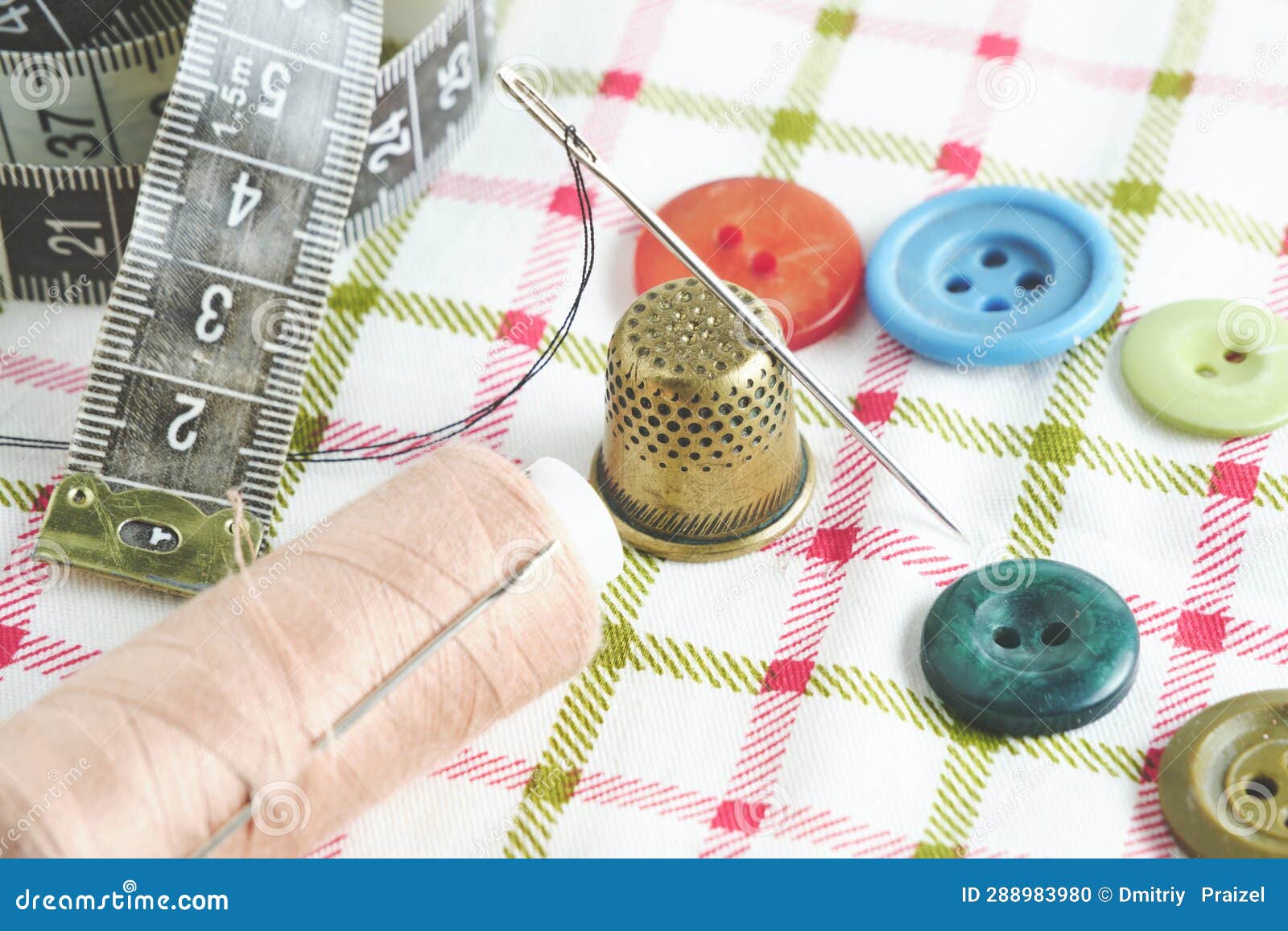 Sewing Kit Consisting Needle, Thimble, Threads and Measuring Meter on a ...