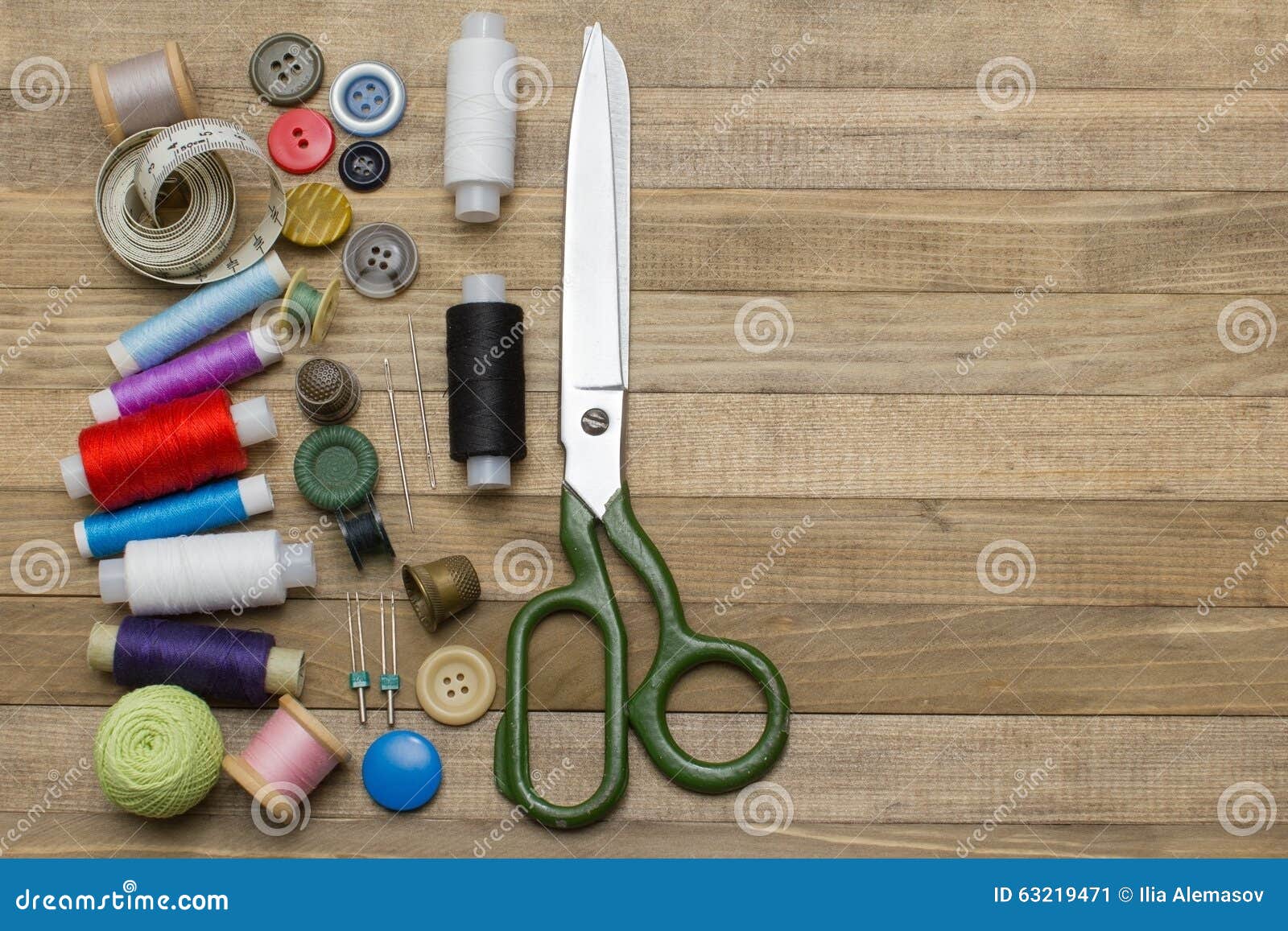 Sewing Kit on Left Half Wooden Backgrounds Stock Image - Image of pink ...