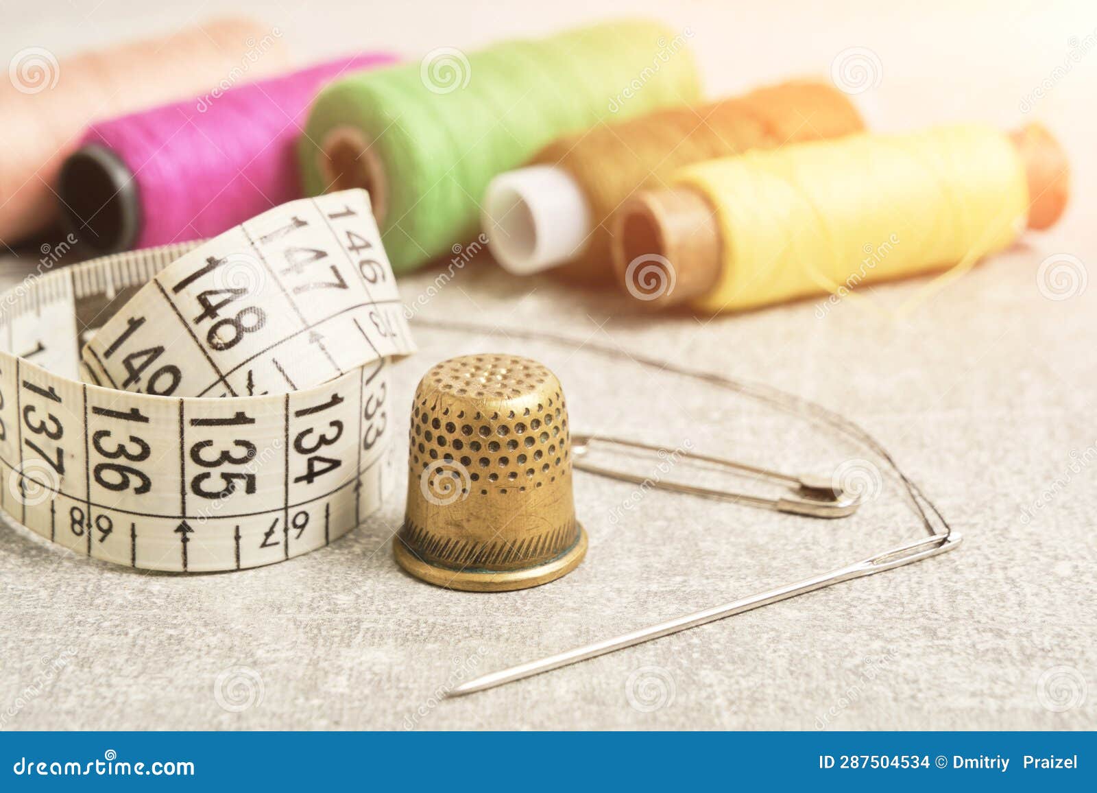 Sewing Kit of Needle, Thimble, Thread and Measuring Meter.on Gray ...