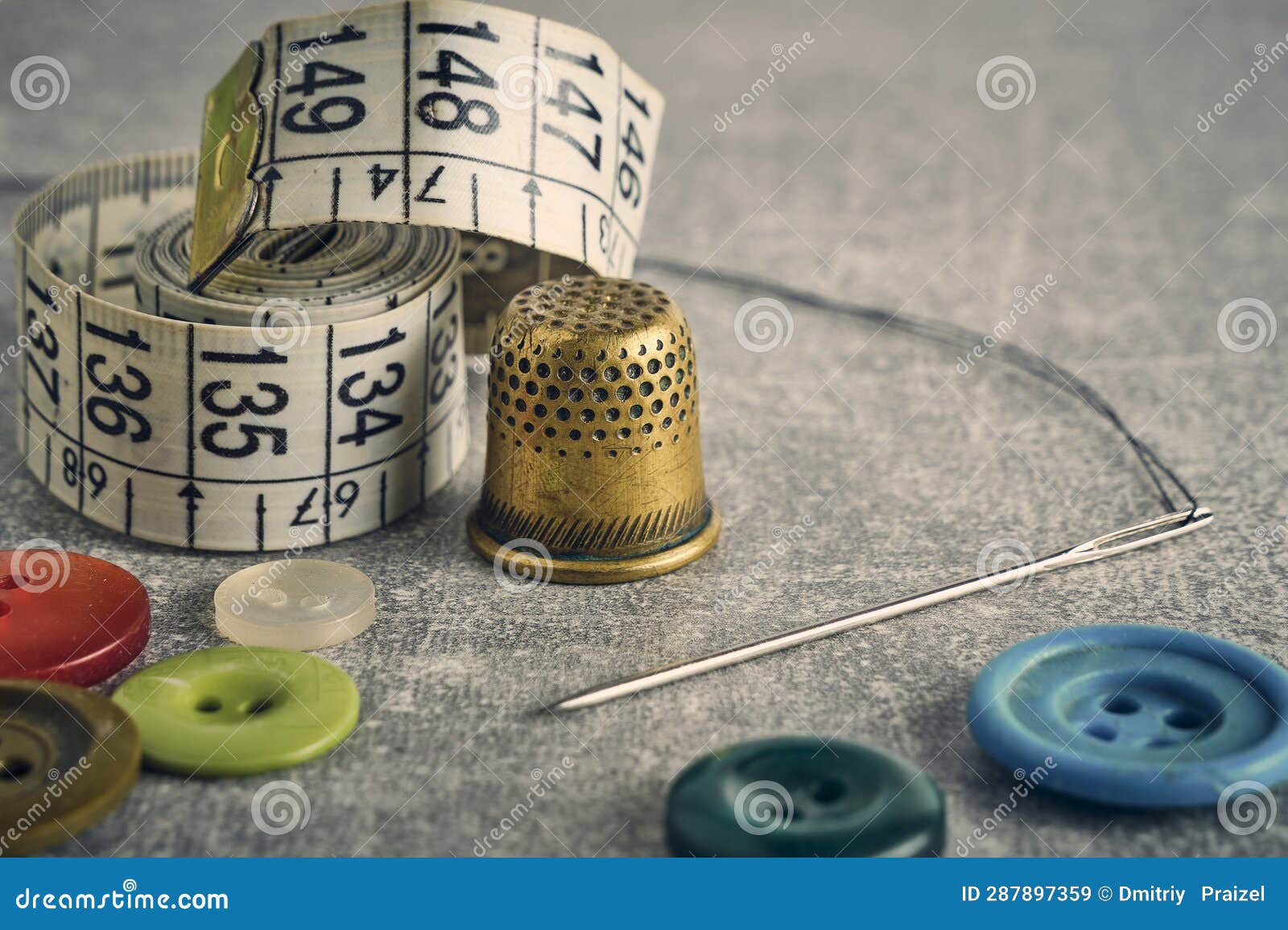 Sewing Kit of Needle, Thimble, Thread and Measuring Meter.on Gray ...