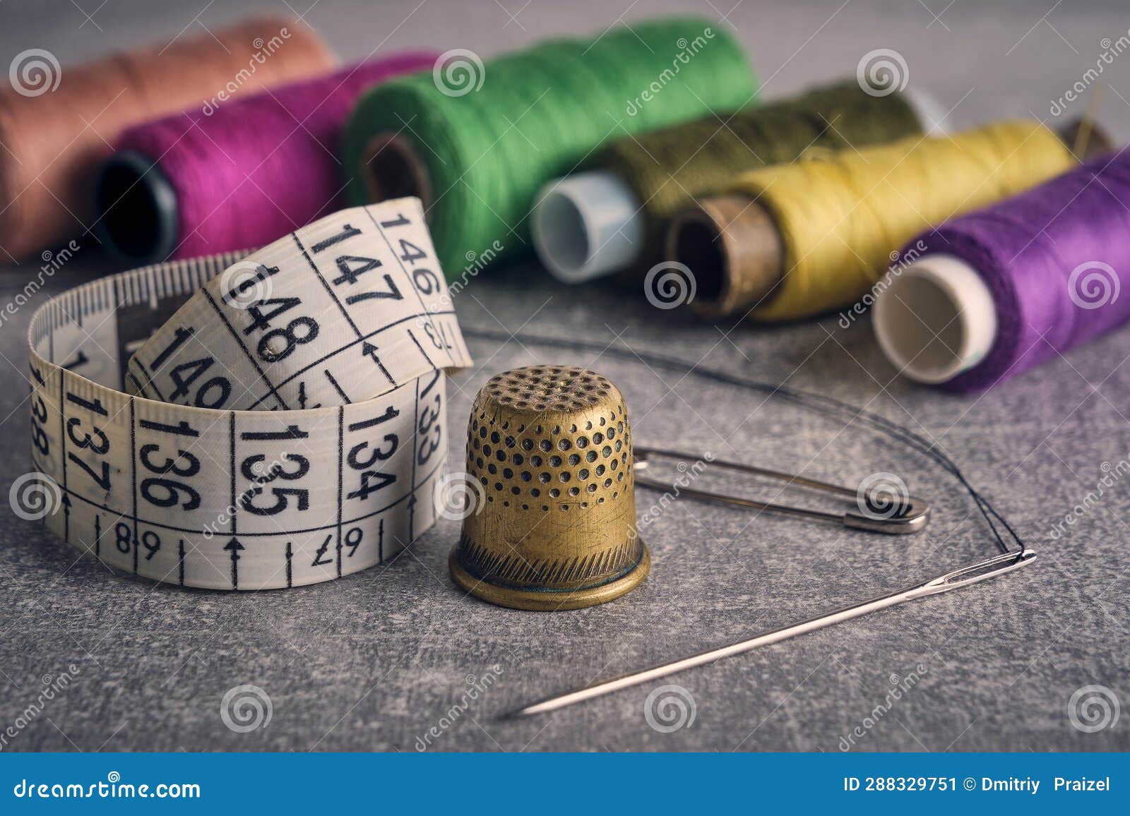 Sewing Kit of Needle, Thimble, Thread and Measuring Meter.on Gray ...
