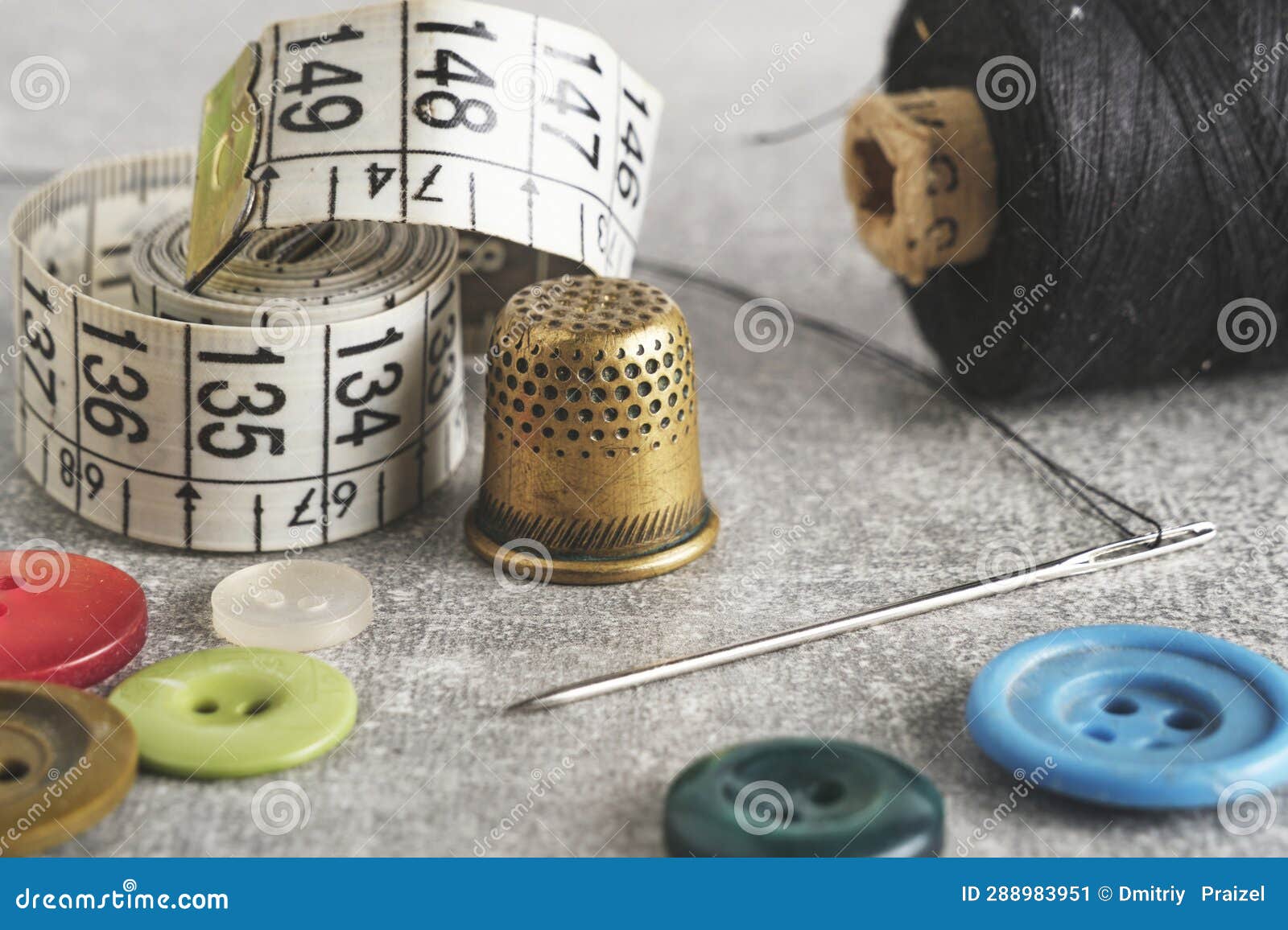 Sewing Kit of Needle, Thimble, Thread and Measuring Meter.on Gray ...