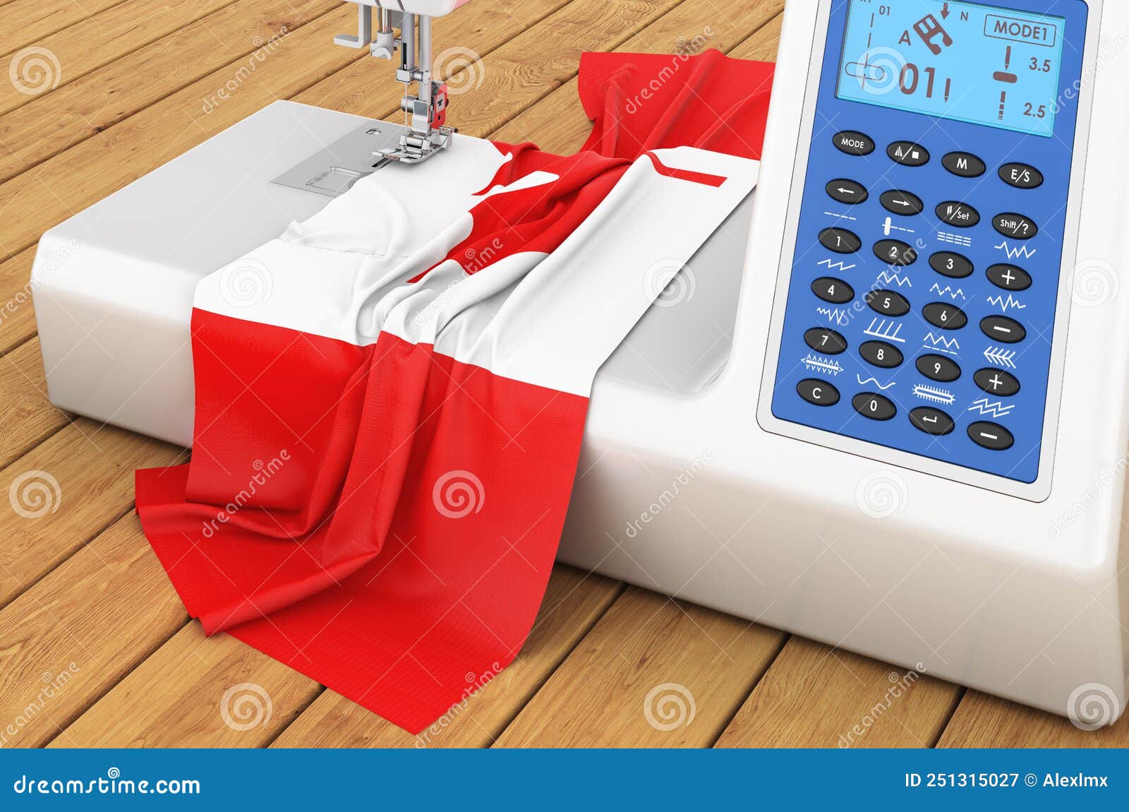 Sewing Machine with Canadian Flag on the Wooden Table. 3D Rendering ...