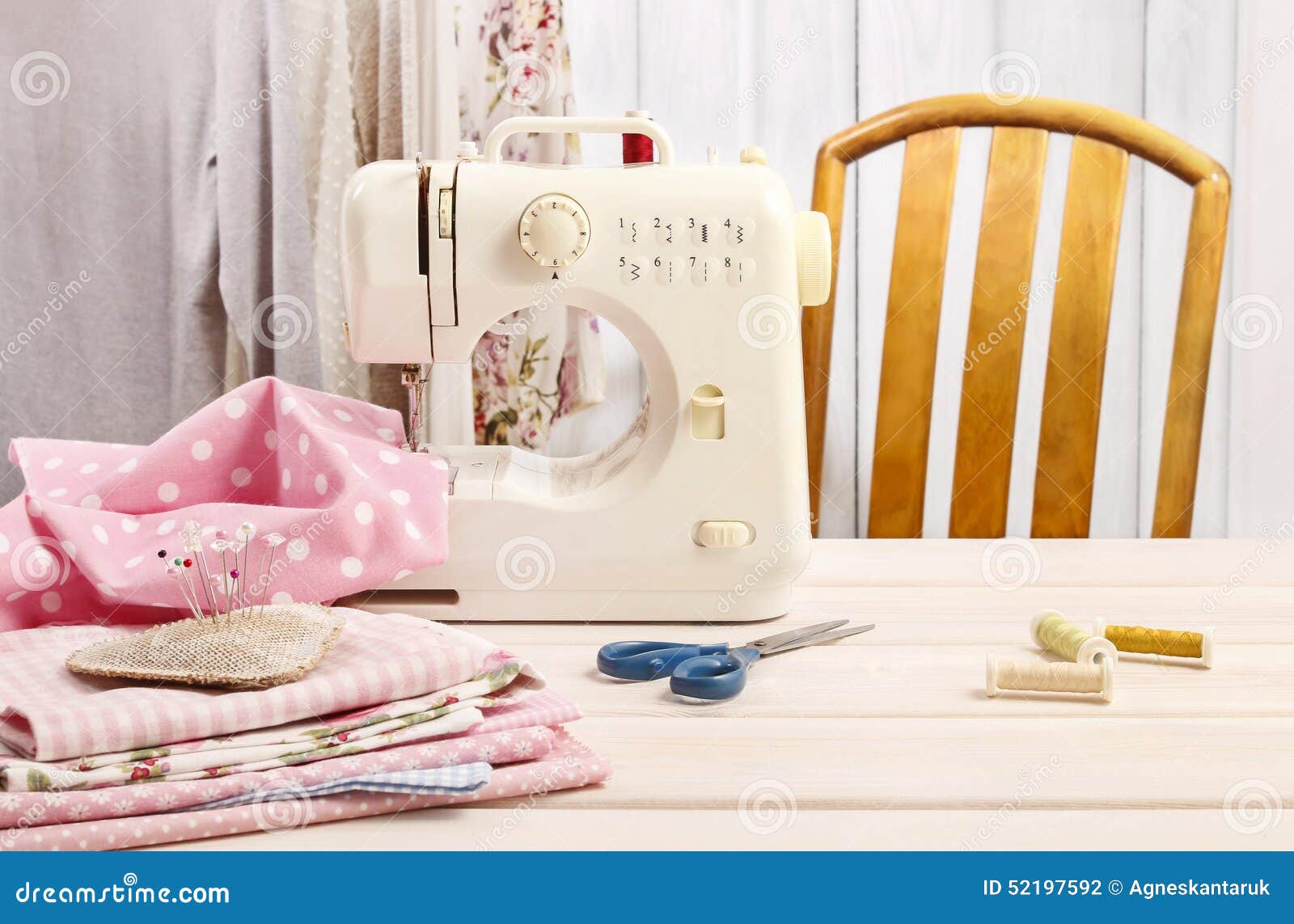 Sewing Machine and Colorful Fabrics Stock Photo - Image of detail ...